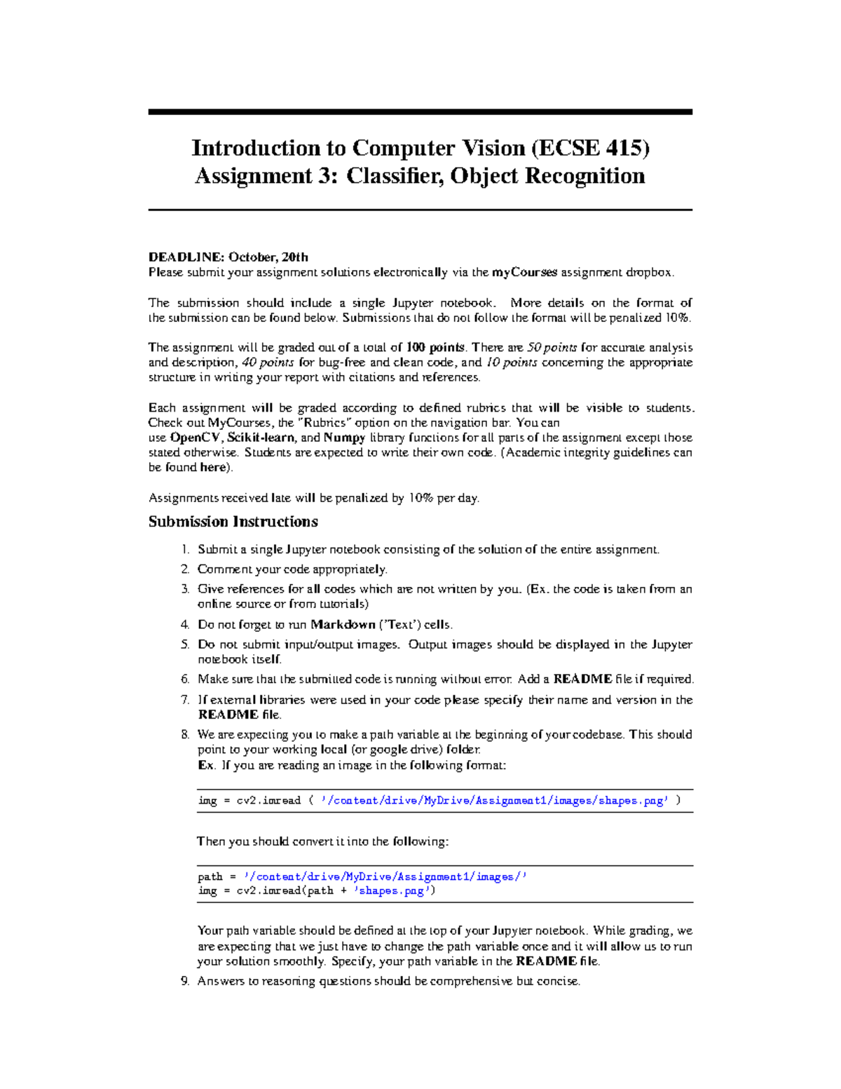 ECSE415 HW3 - Assignment - Introduction to Computer Vision (ECSE 415) Assignment 3: Classifier ...