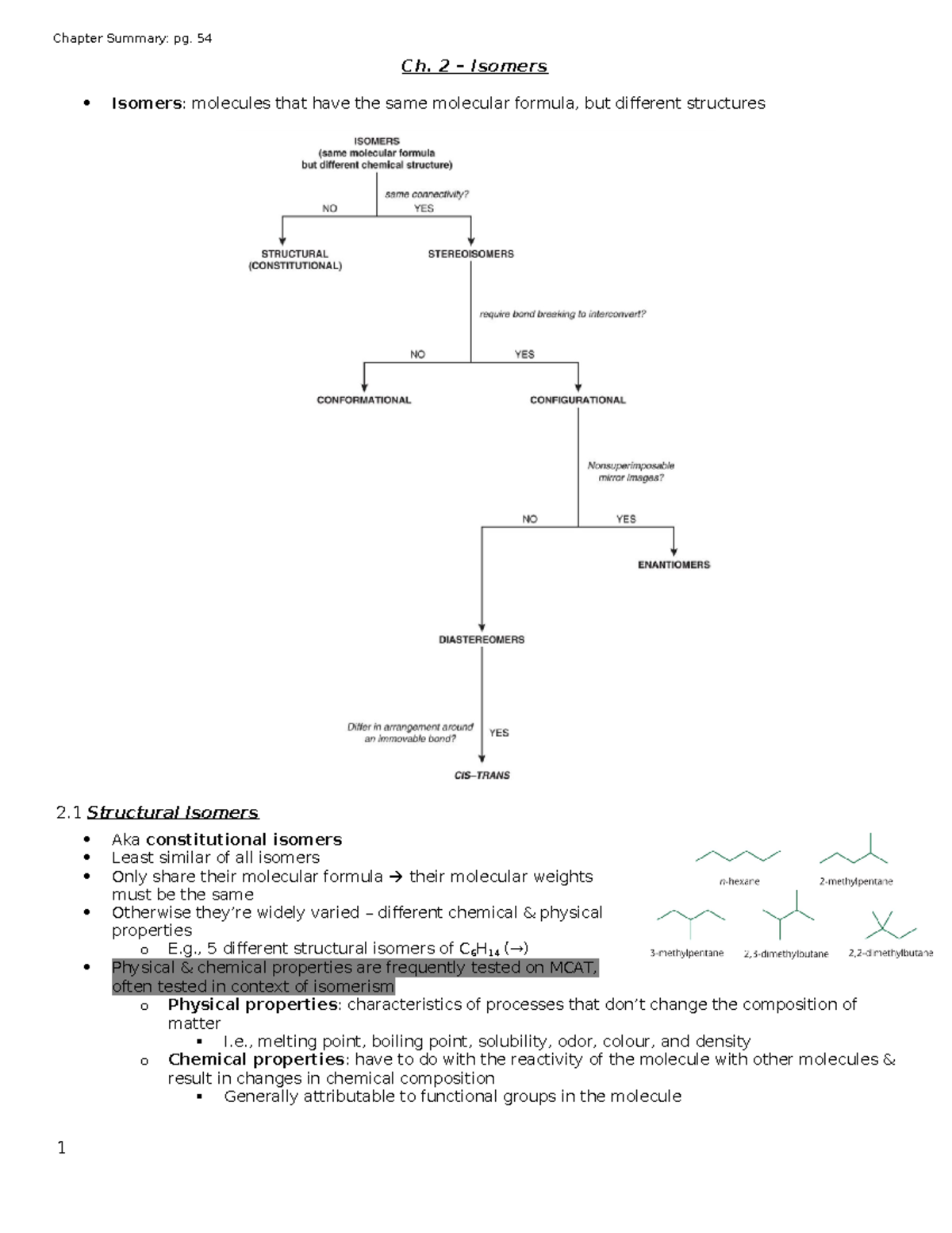 Isomers - Summary Notes - Ch. 2 – Isomers Isomers : molecules that have ...