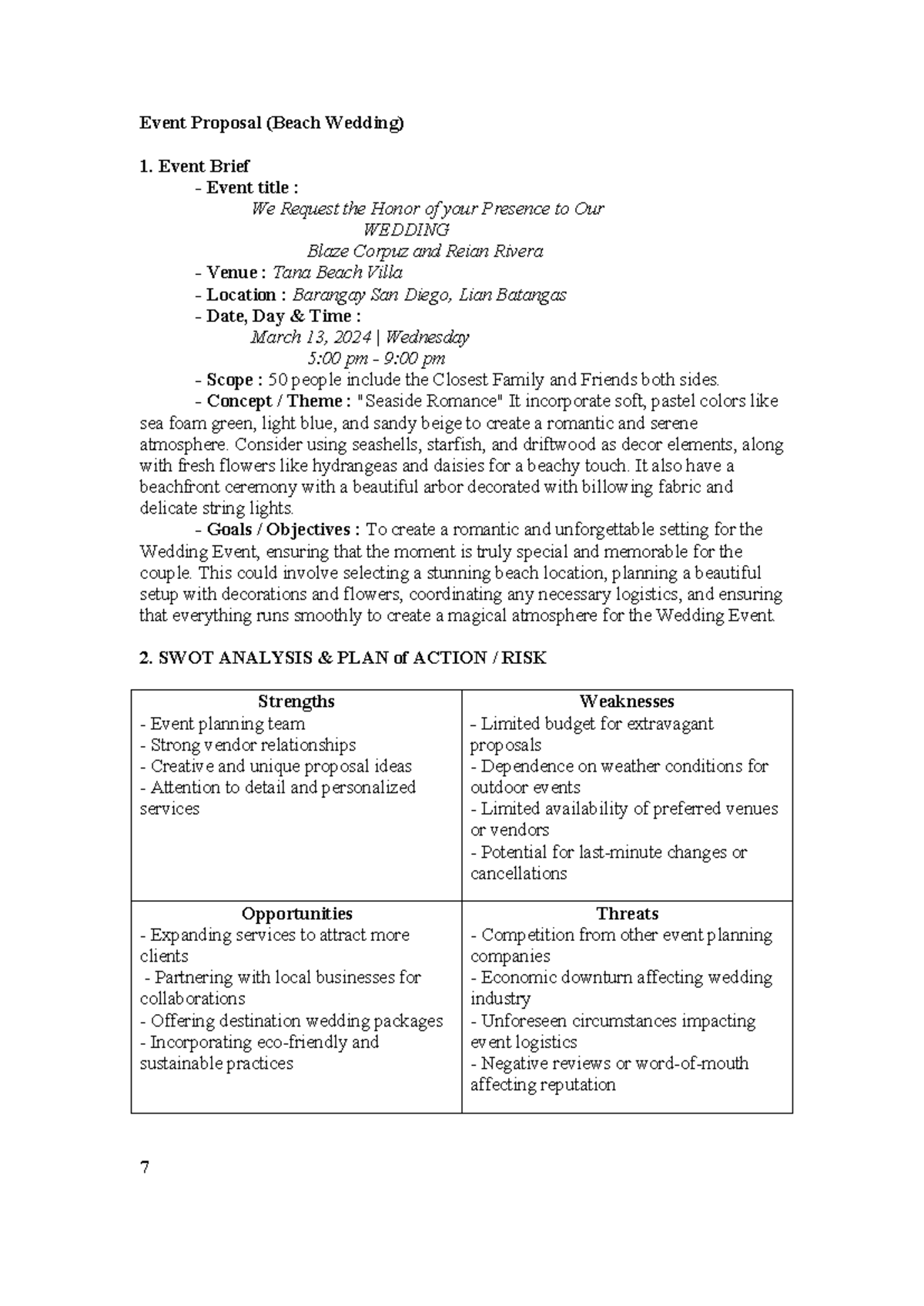 MICE Event Proposal - Event Proposal (Beach Wedding) Event Brief Event ...