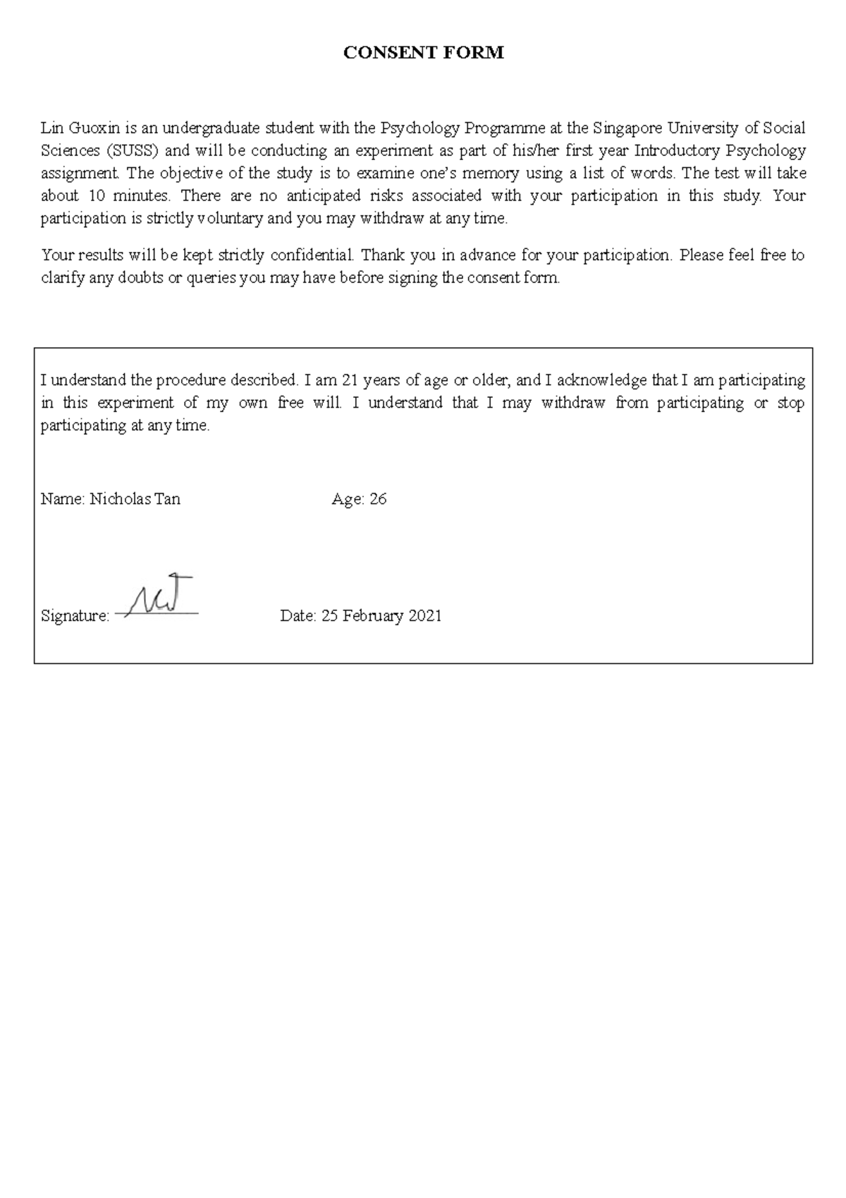 2. Consent form and response sheets - CONSENT FORM Lin Guoxin is an ...