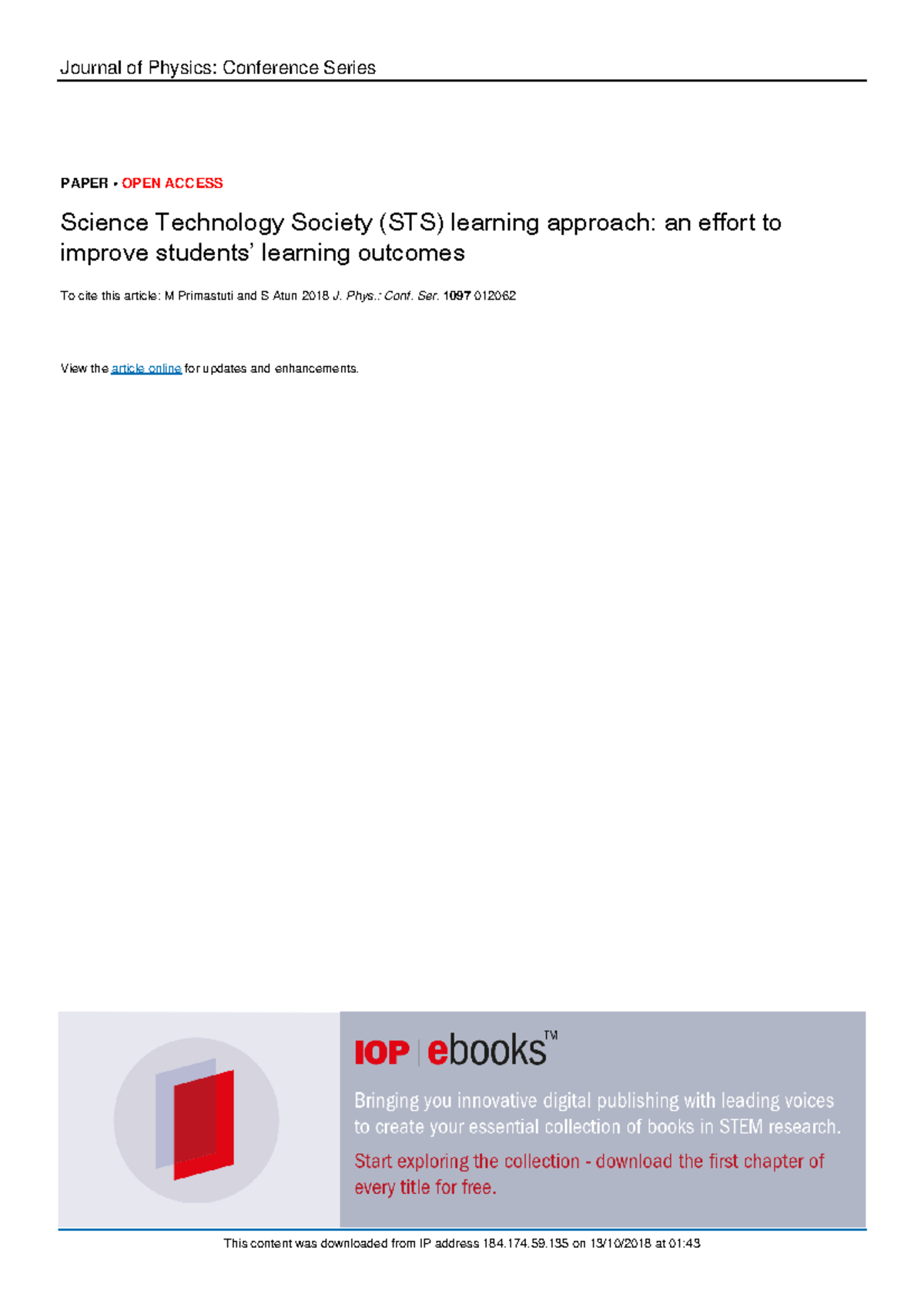 Science Technology Society STS learning approach a - Phys.: Conf. Ser ...