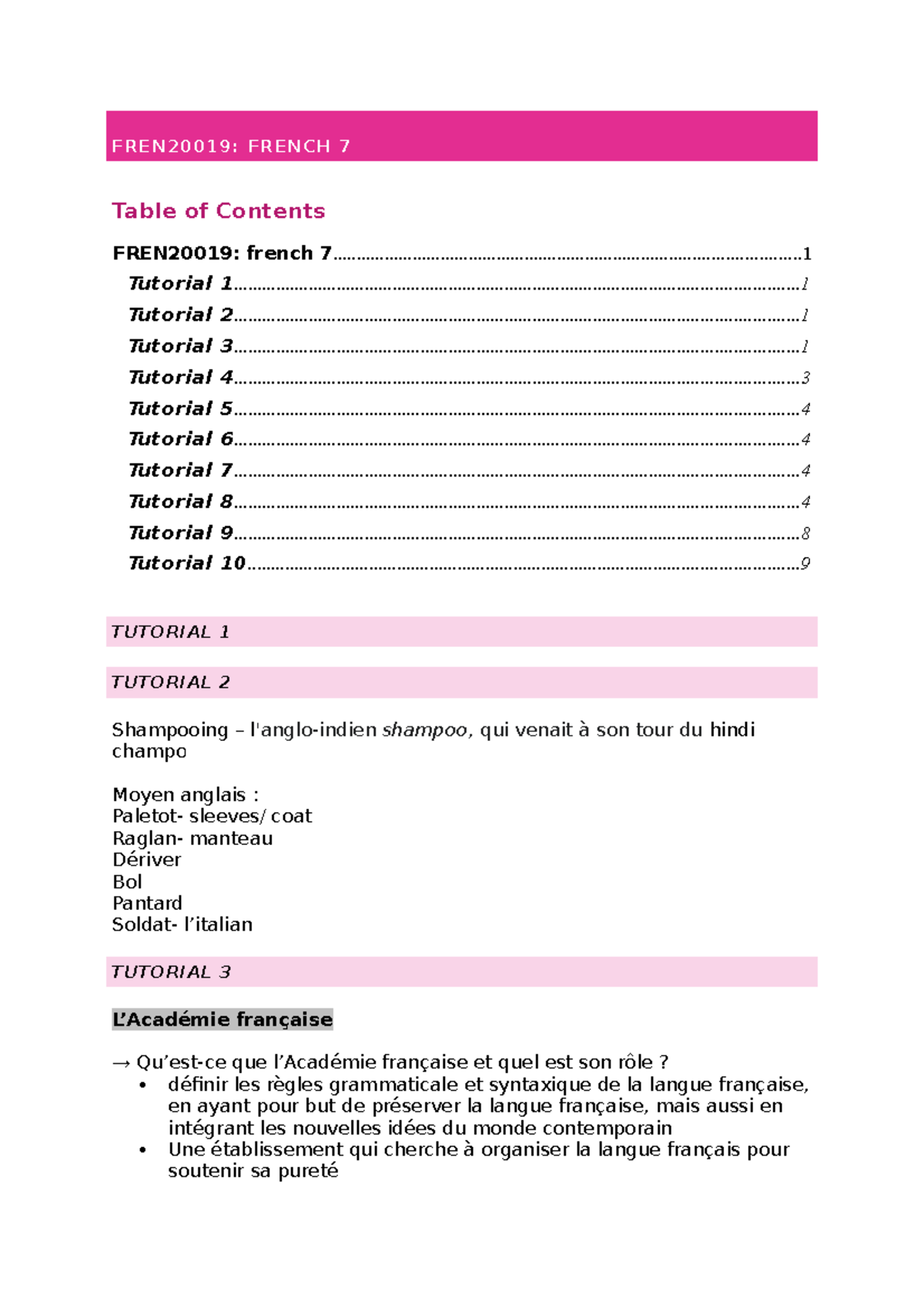 FREN2001 9 - French tute notes - FREN20019: FRENCH 7 Table of Contents ...