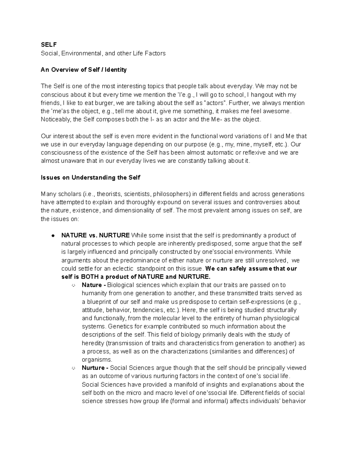 Uself - SELF Social, Environmental, and other Life Factors An Overview ...