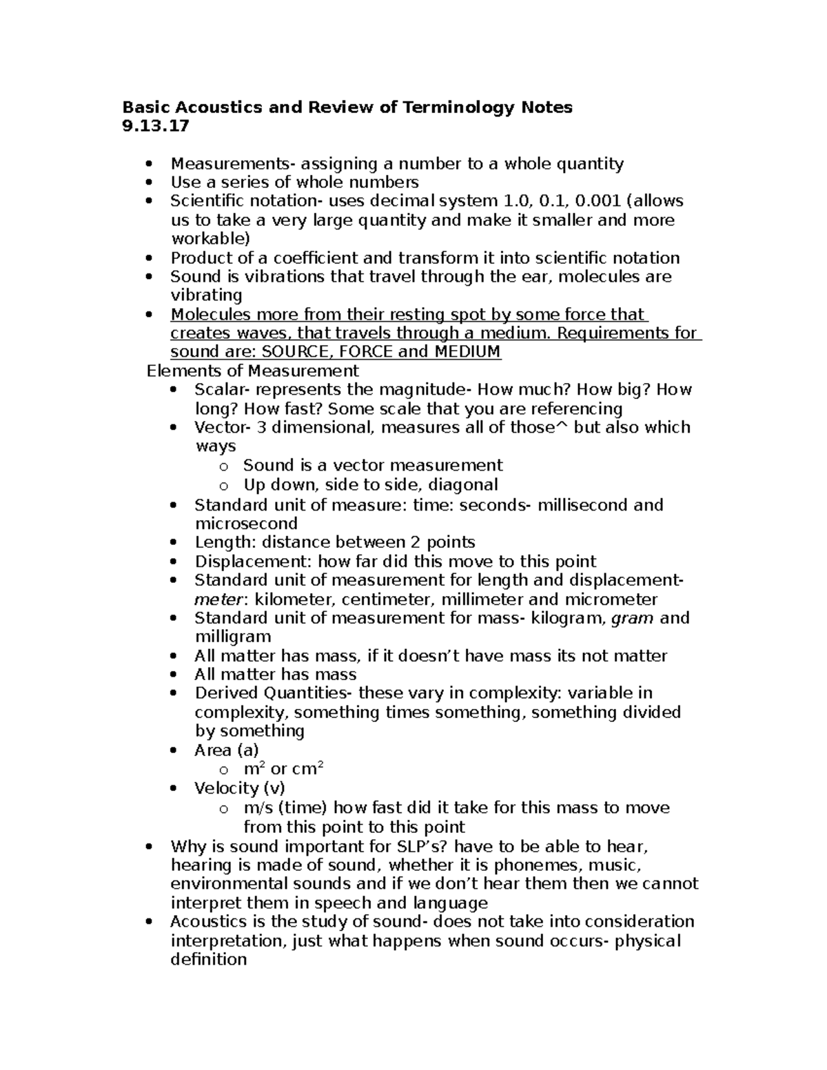 Basic Acoustics and Review of Terminology Notes - Measurements ...