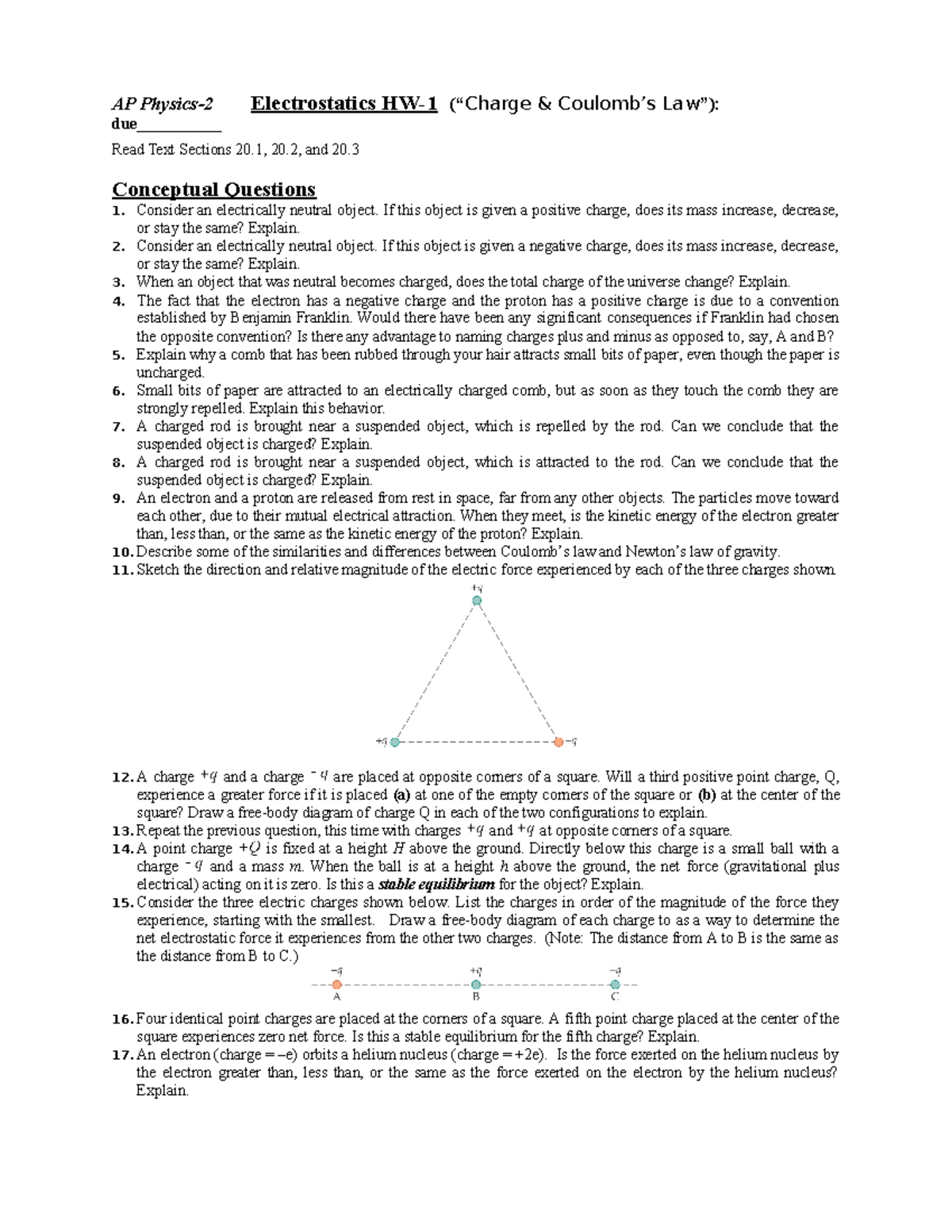 AP2 Electrostatics HW-1 2023 - AP Physics-2 Electrostatics HW-1 ...