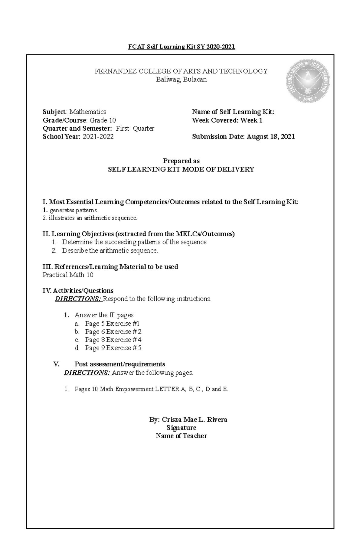 MATH10-SKL WEEK 1-4 - SELF LEARNING KIT. STUDENT MAY USE THIS MATERIALS ...