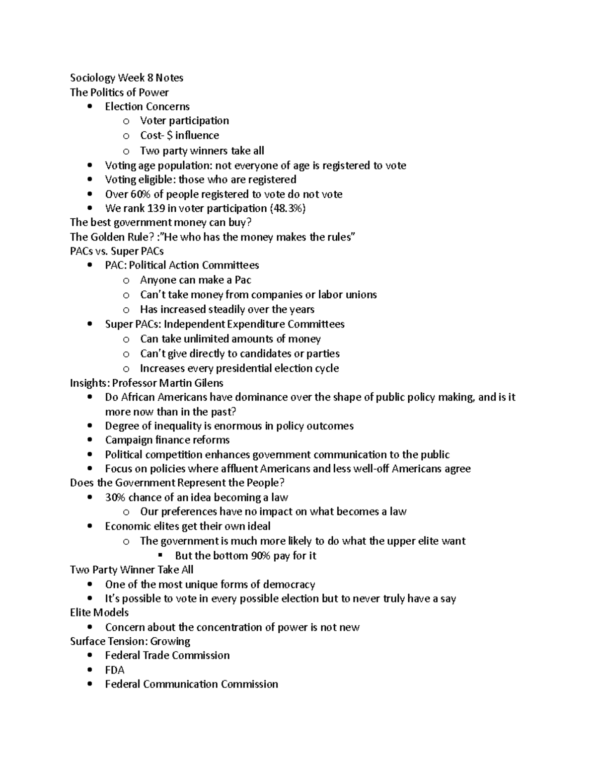 Sociology Week 8 Notes - Sociology Week 8 Notes The Politics of Power ...