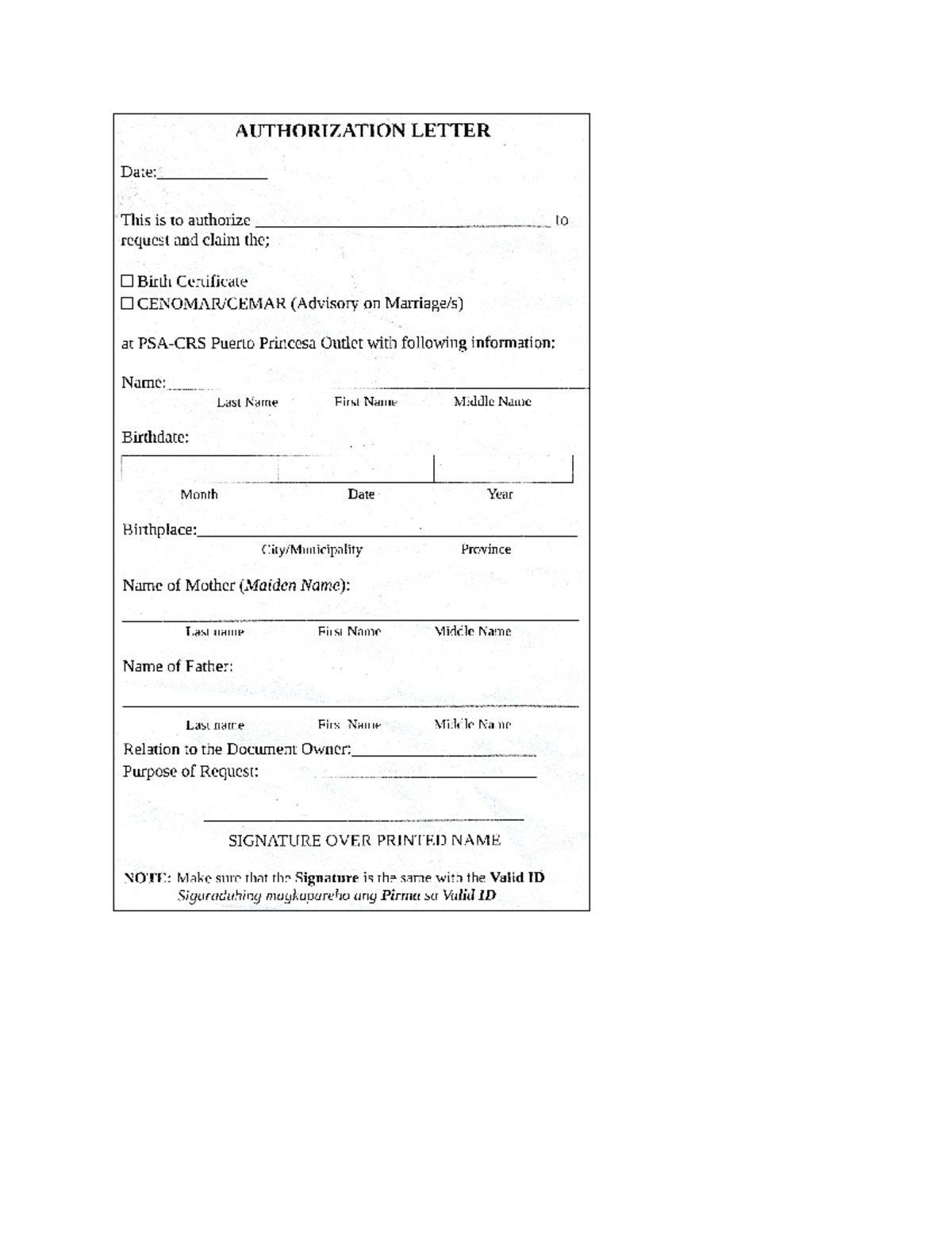 PSA Authorization - form - AUTHORIZATION LETTER Date: This is to ...
