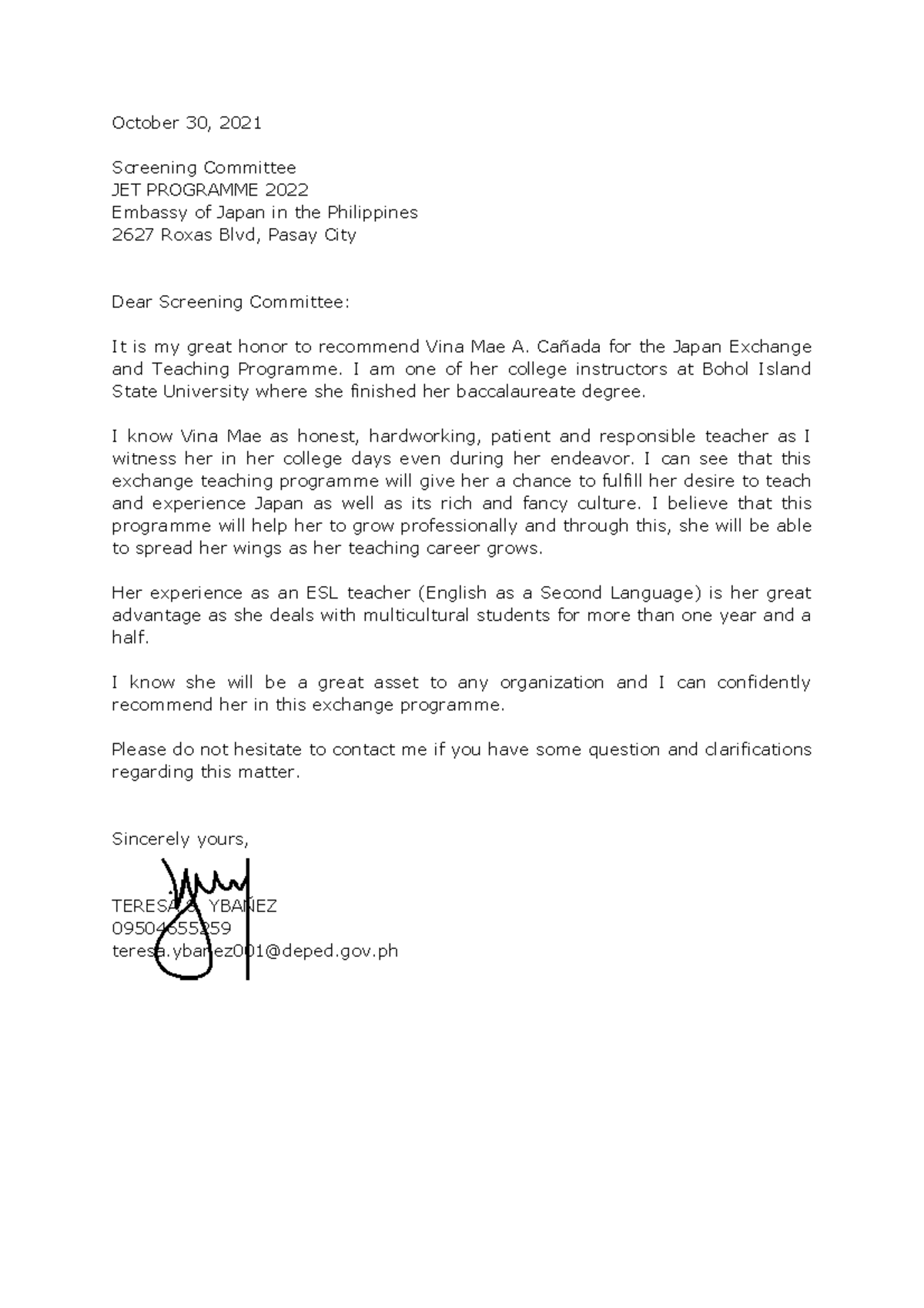 Reference- Letter for you and for me - English Language Teaching - UV ...