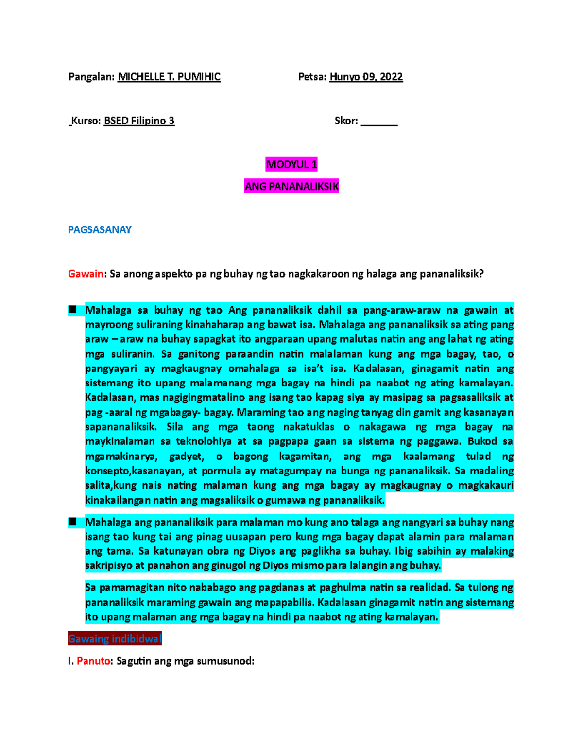 FIL-109 Prelim- Final Pumihic Michelle T BSED-3A- Filipino - Pangalan ...