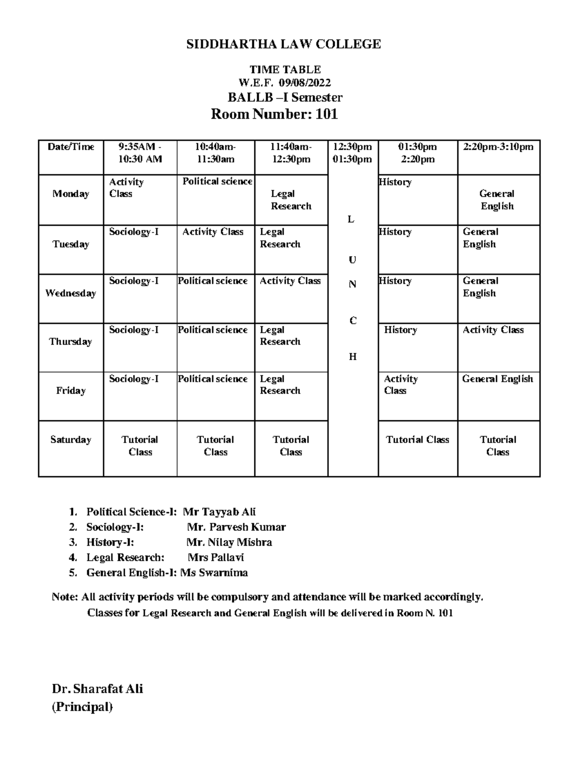 Odd sem time table 2022-23 Revised-1 - TIME TABLE W.E. 09/08/ BALLB – I Semester Room Number ...