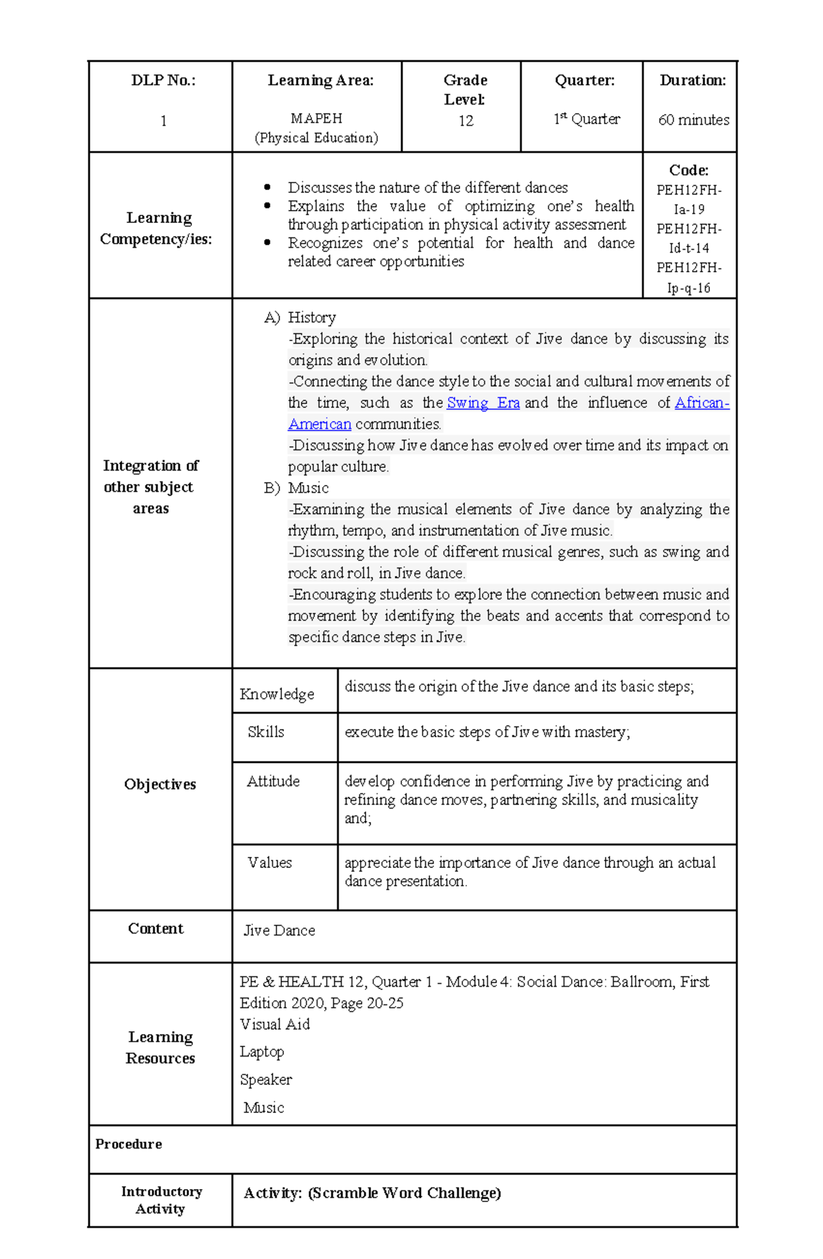 Semi Detailed Lesson Plan - DLP No.: 1 Learning Area: MAPEH (Physical ...