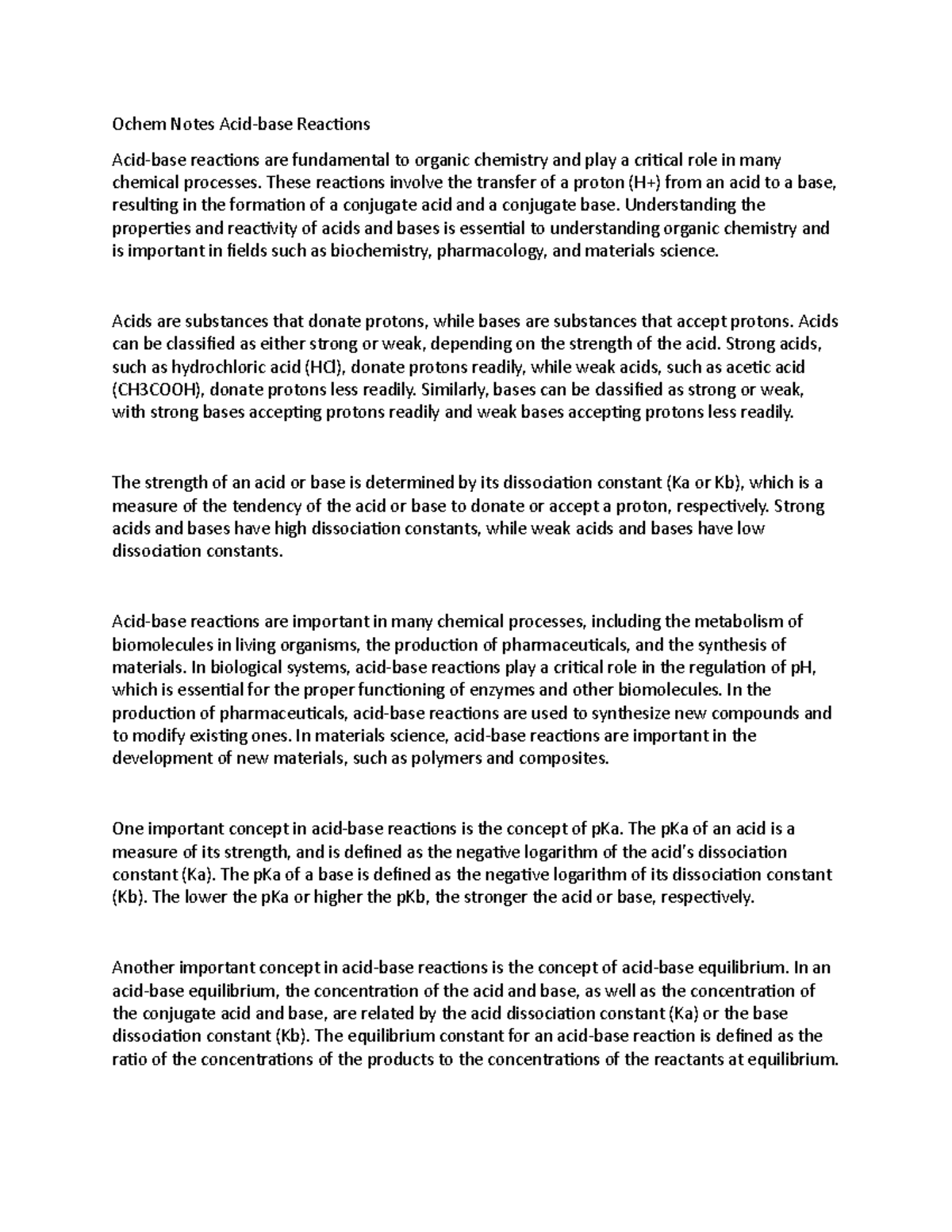 Ochem Notes Acids - Ochem Notes Acid-base Reactions Acid-base reactions ...