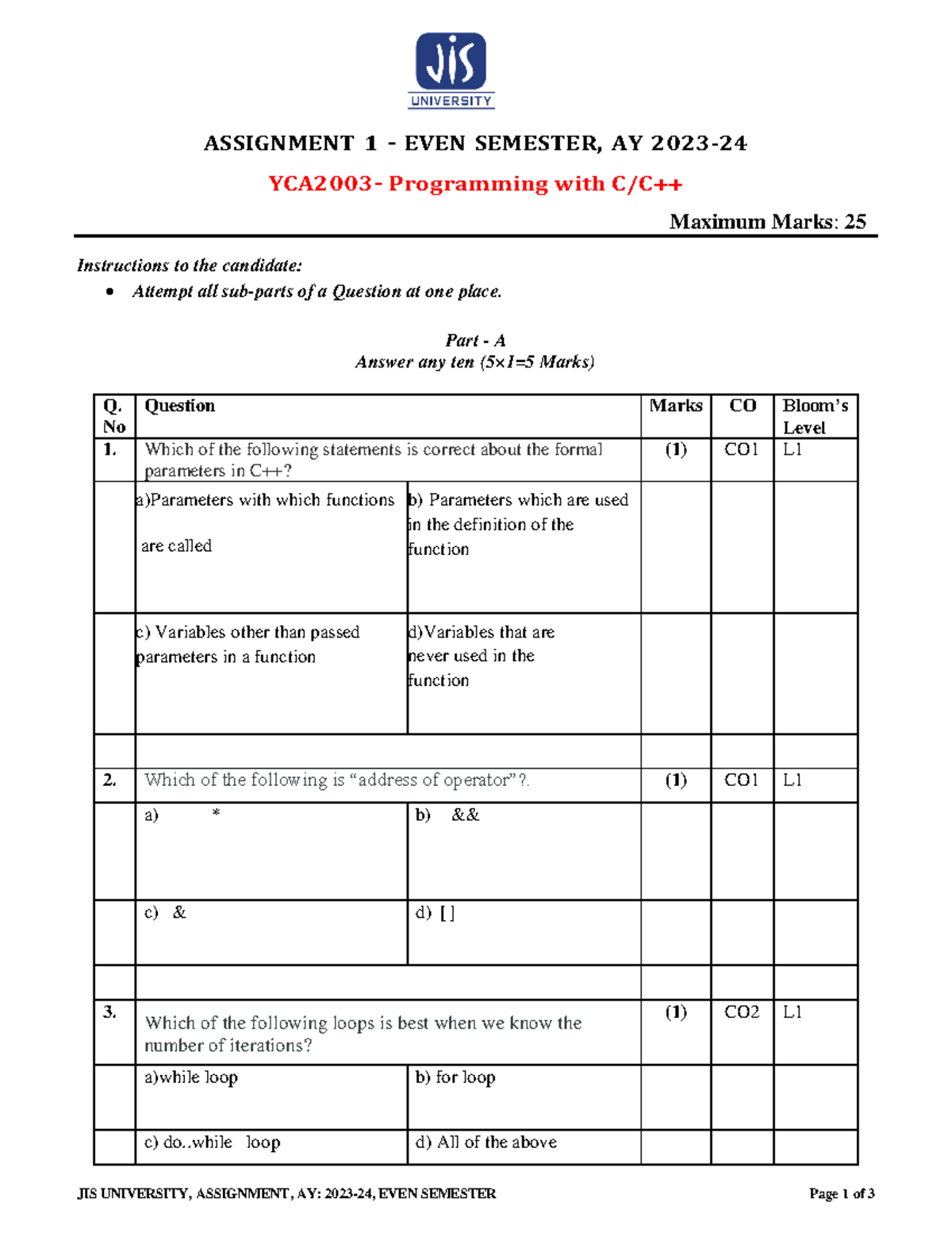 Assignment YCA2003 25 Marks 06.03.2024 (1) new - JIS UNIVERSITY, ASSIGNMENT, AY: 2023 - 24, EVEN ...