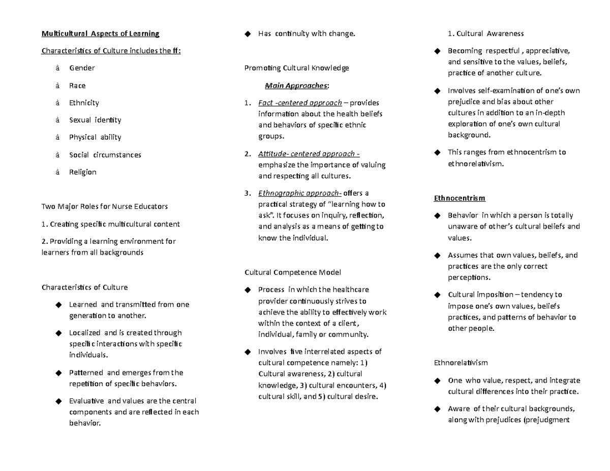 Multicultural Aspects of Learning - Characteristics of Culture includes ...