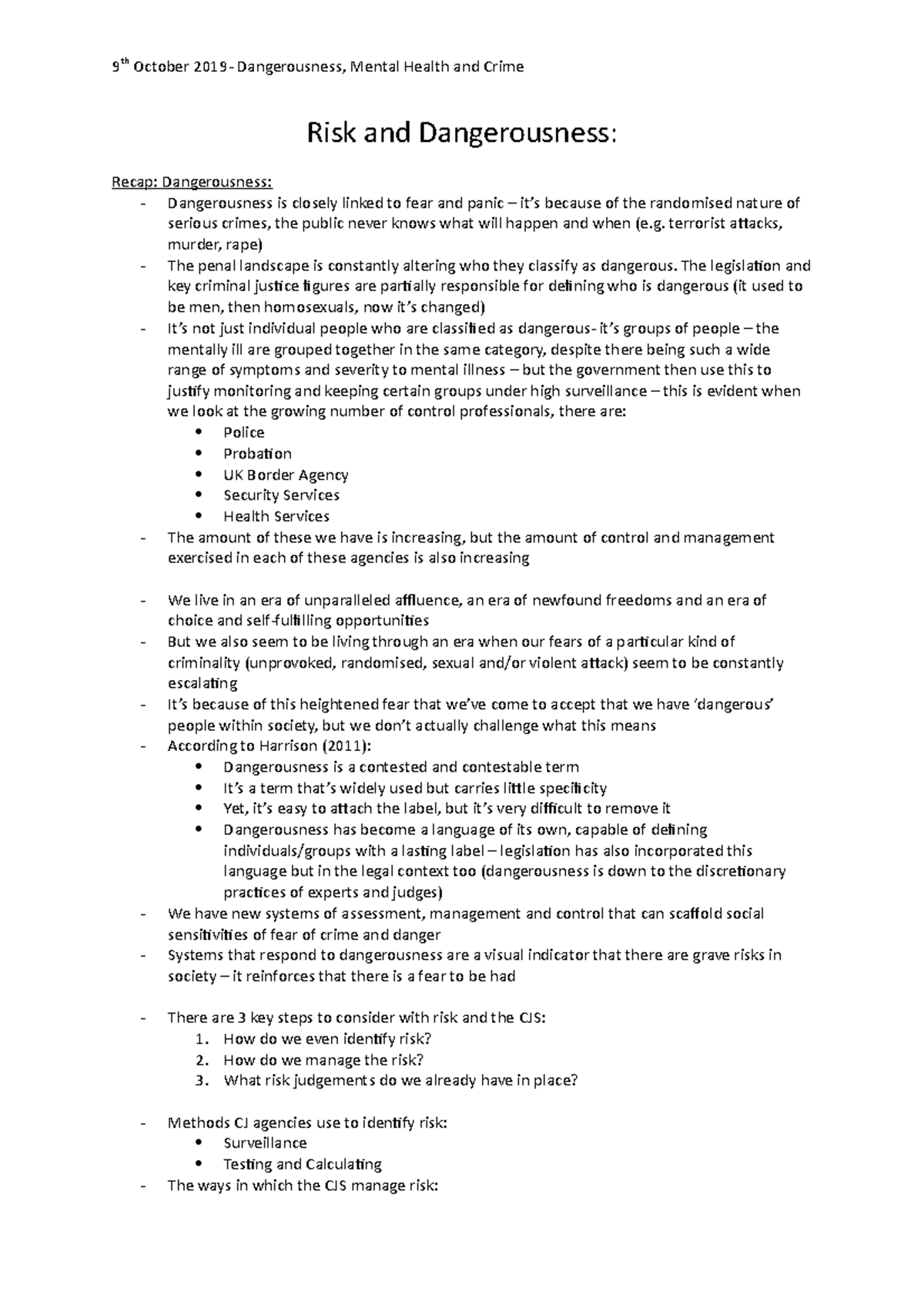 Risk and Dangerousness - Risk and Dangerousness: Recap: Dangerousness ...