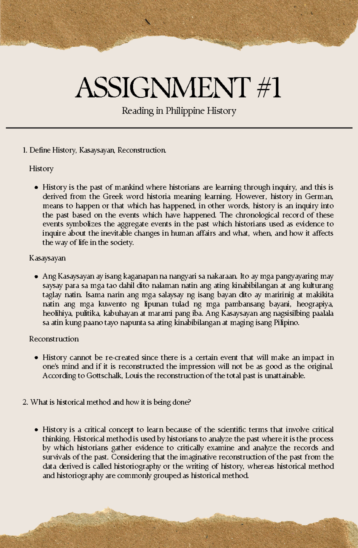 Readings in Philippine History Lecture 1_Assignment - ASSIGNMENT #1 ... Readings in Philippine History Lecture 1_Assignment - ASSIGNMENT #1 ...