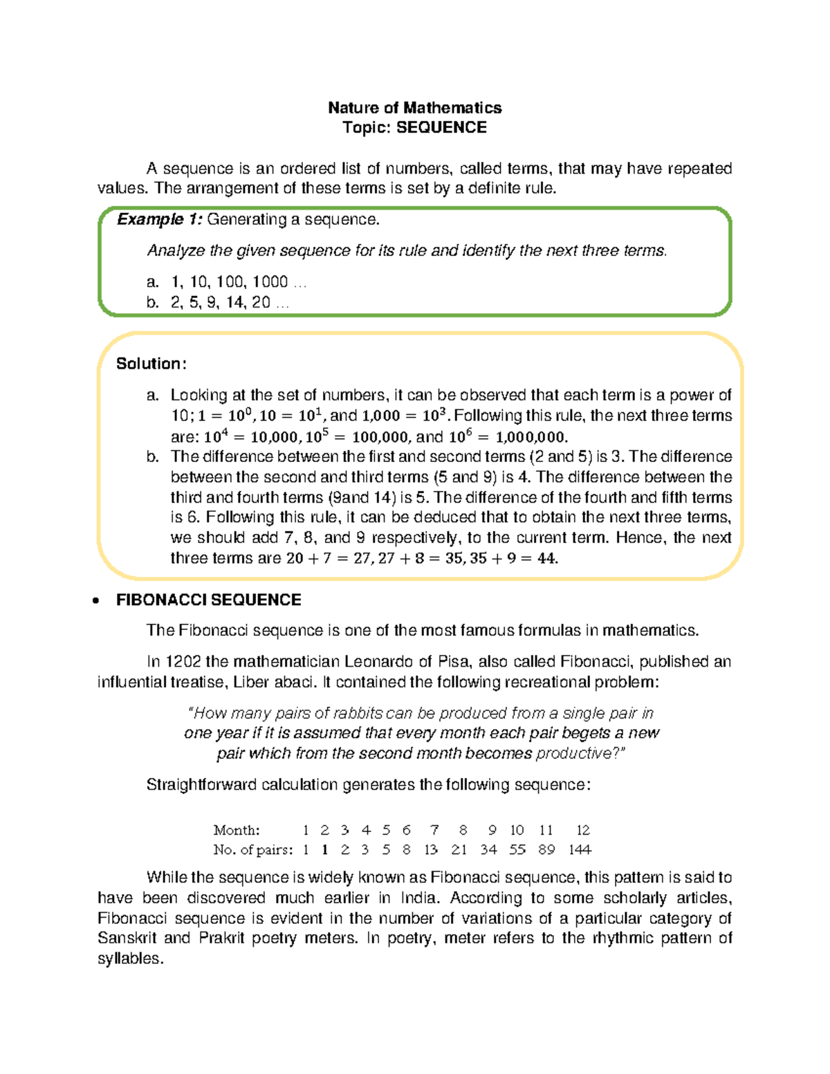 The difference types of Sequence - Nature of Mathematics Topic ...