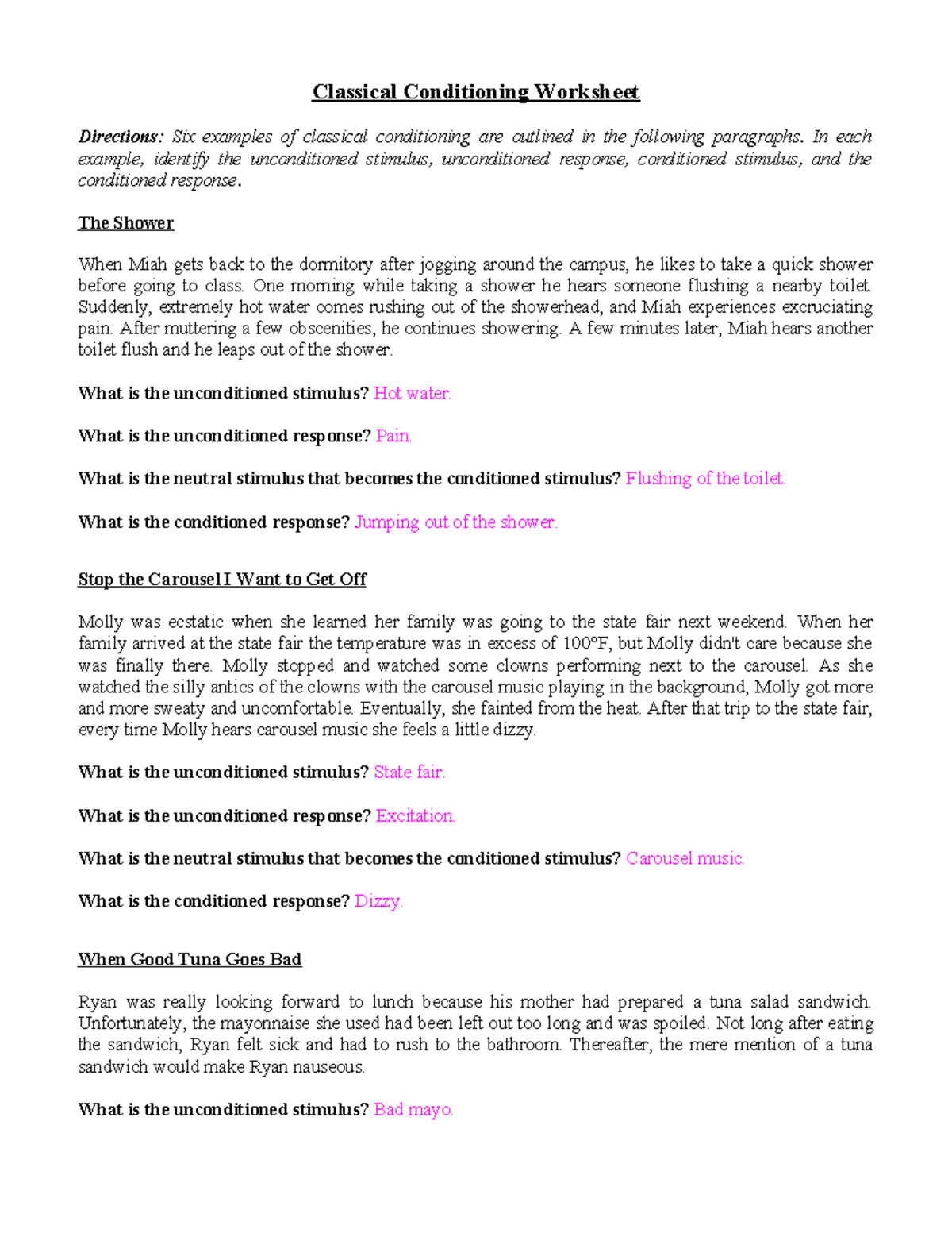CCSW - Classical Conditioning Worksheet Directions: Six examples of ...