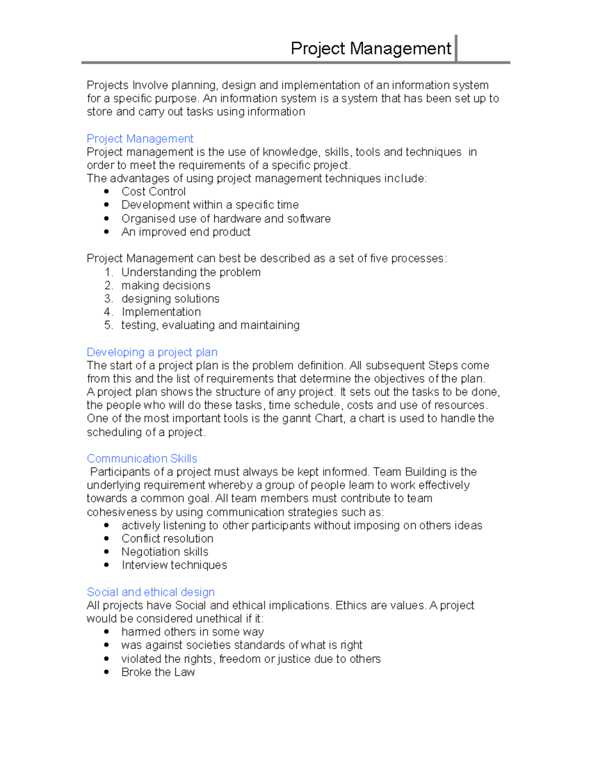 Project Management - Full notes covering syllabus points for this topic ...