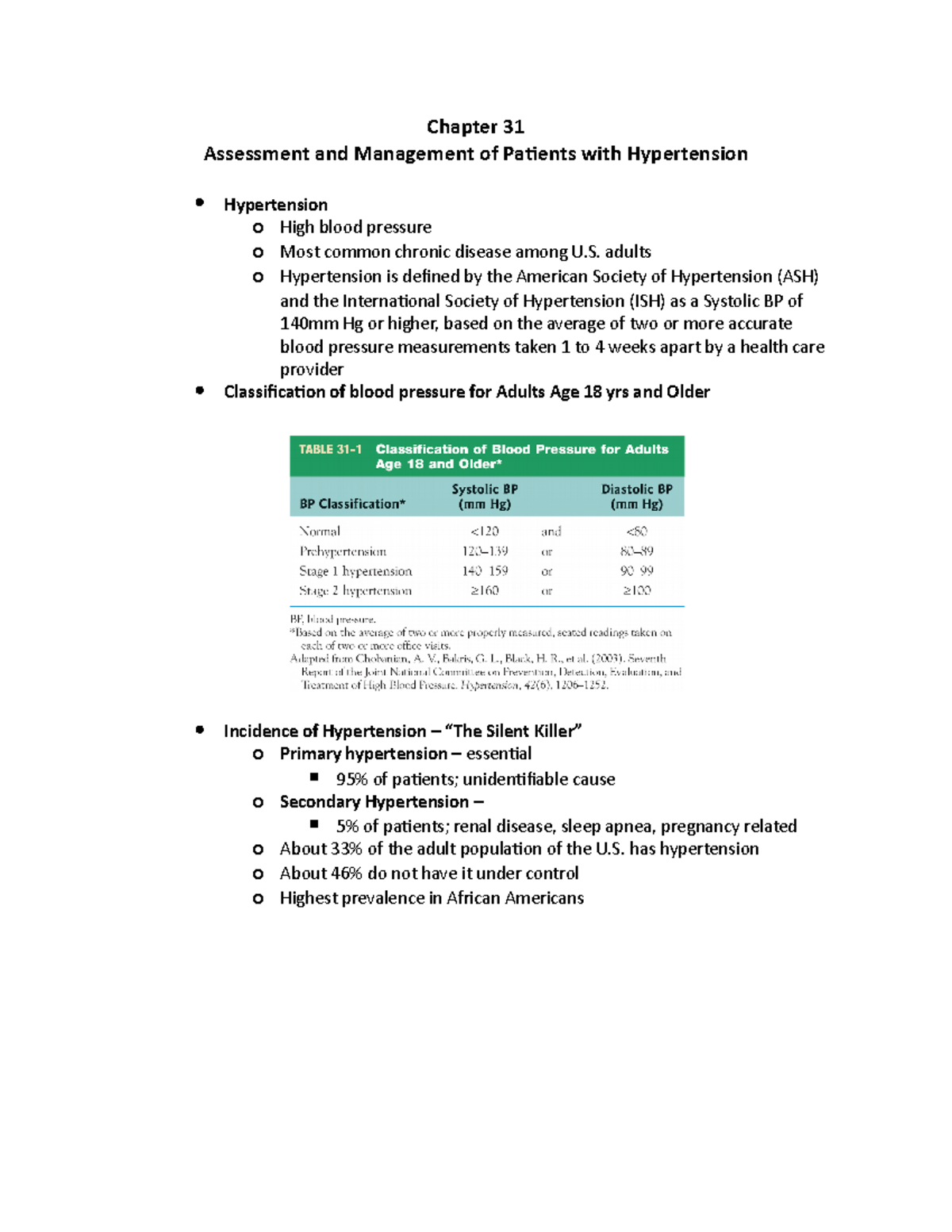 Hypertension outline 1 - Chapter 31 Assessment and Management of ...