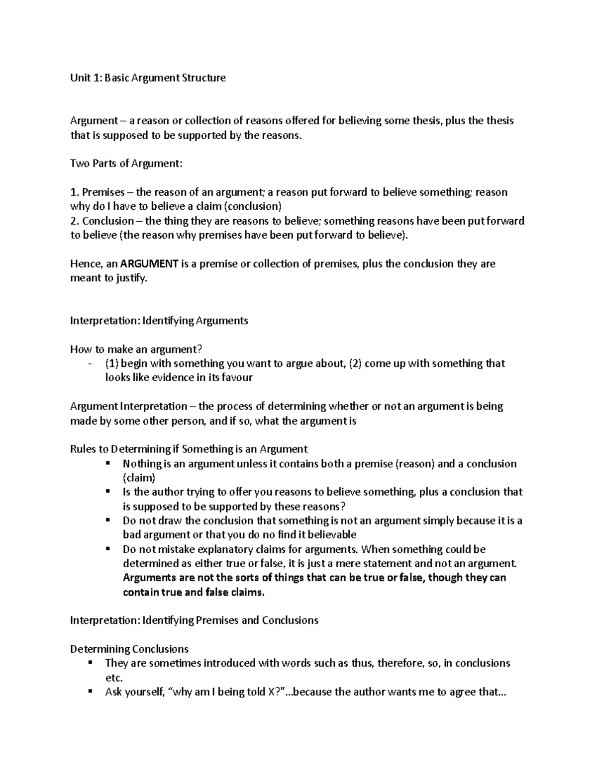 PHIL 1290 Unit 1 to 6 Notes - Unit 1: Basic Argument Structure Argument ...