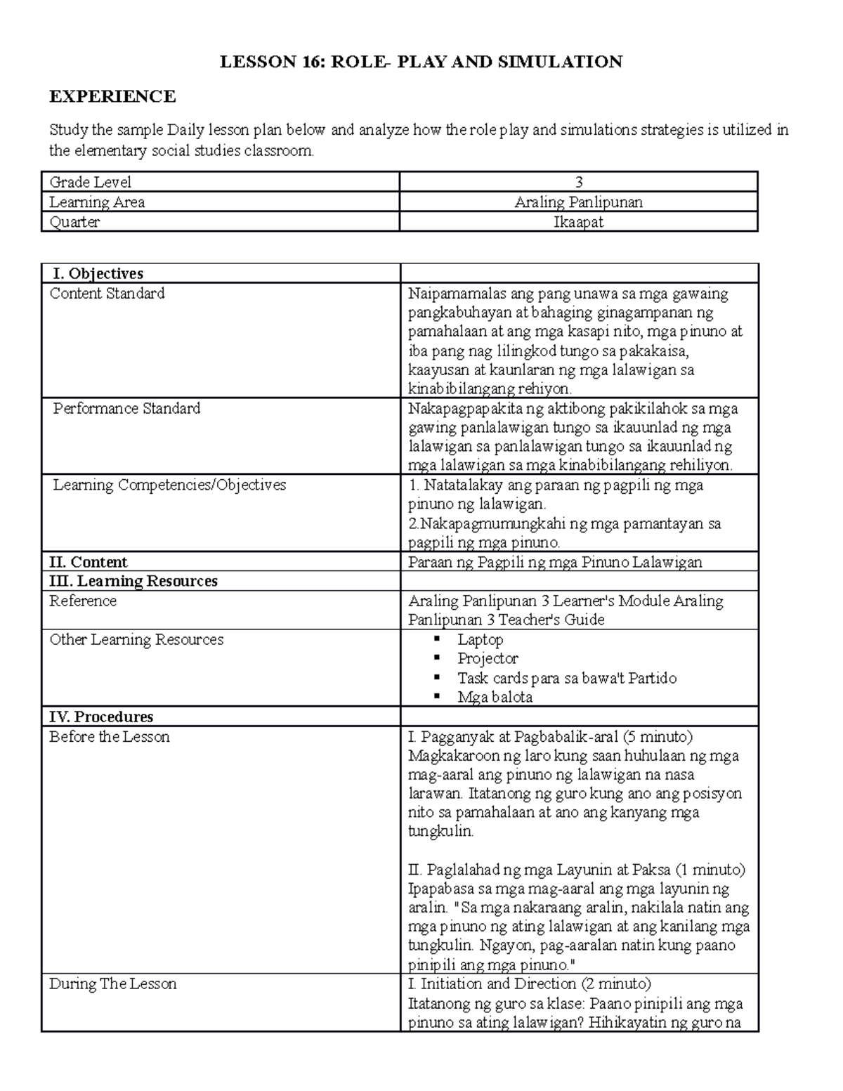 SS- Report-LP - LESSON 16: ROLE- PLAY AND SIMULATION EXPERIENCE Study ...