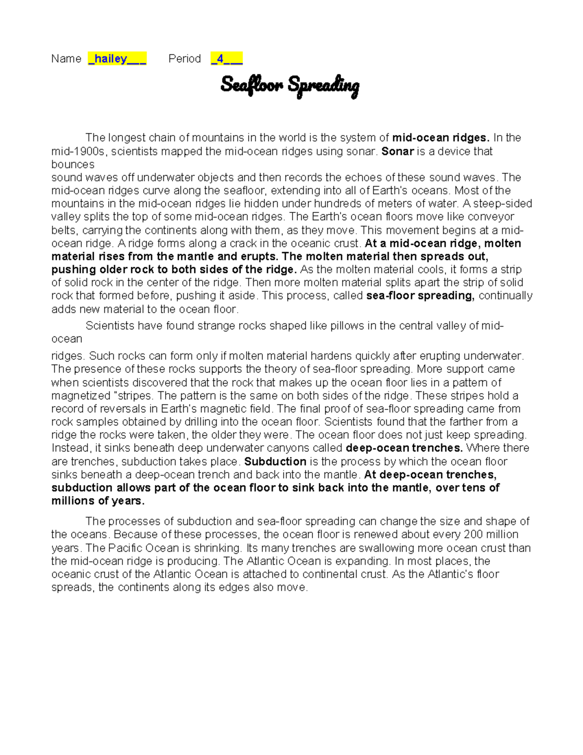 Copy of Day 69 Seafloor Spreading Worksheet - Name hailey__ Period 4 ...
