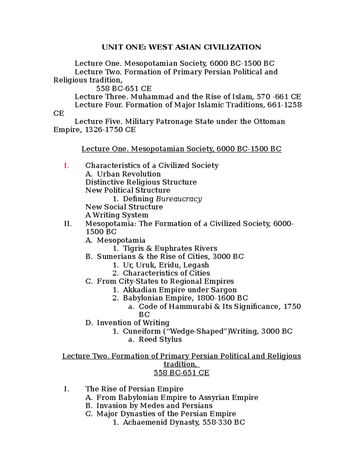 West Asia Outline - UNIT ONE: WEST ASIAN CIVILIZATION Lecture One ...