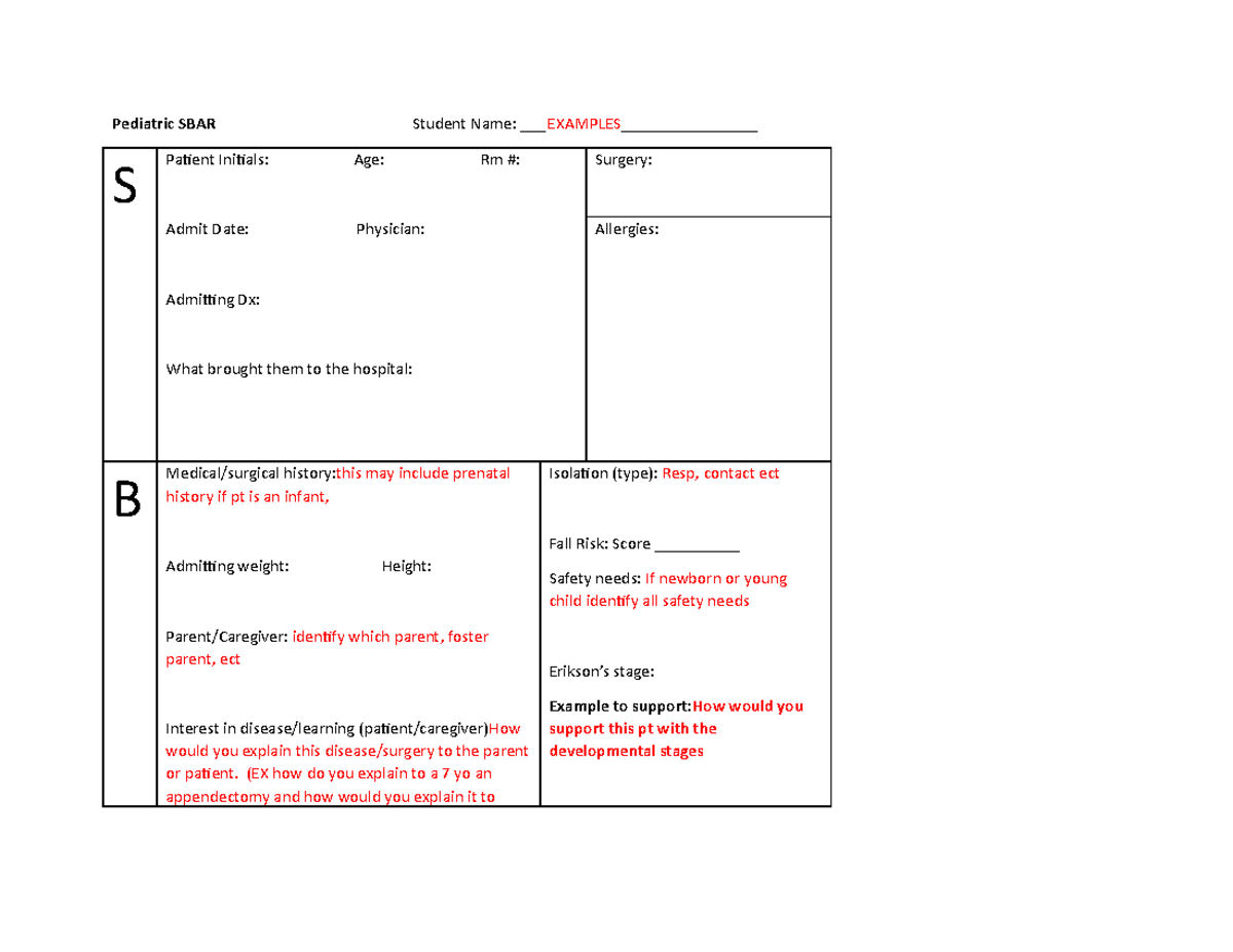 Pediatric+SBAR+-example - Pediatric SBAR Student Name: EXAMPLES ...