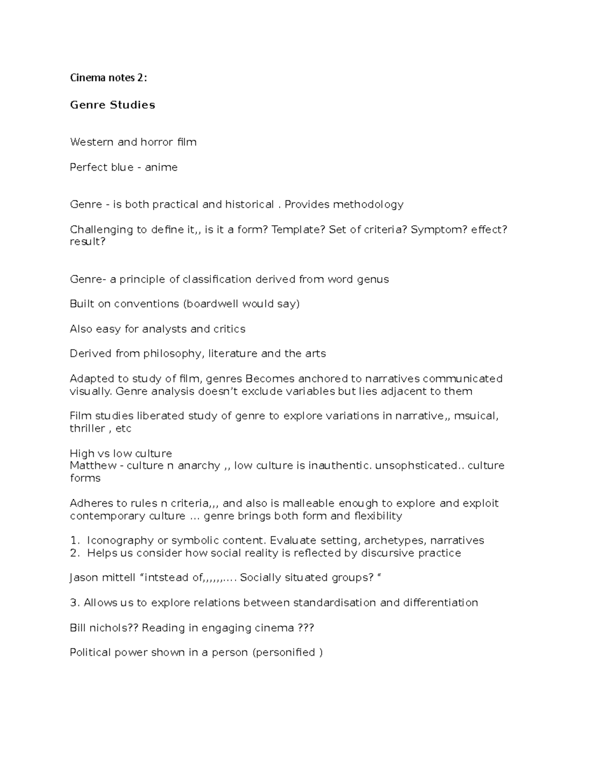 Cinema notes 2 - Prof J. Synenko - Cinema notes 2: Genre Studies ...