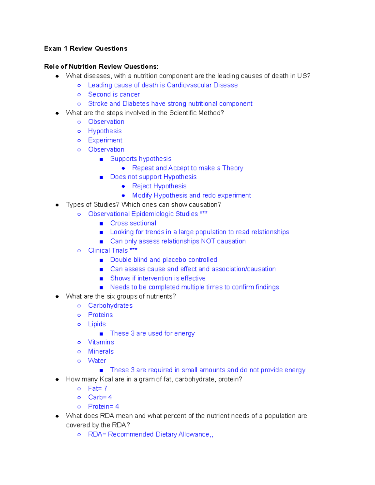 Nutrition 130 Exam 1 Review Questions - Exam 1 Review Questions Role of ...