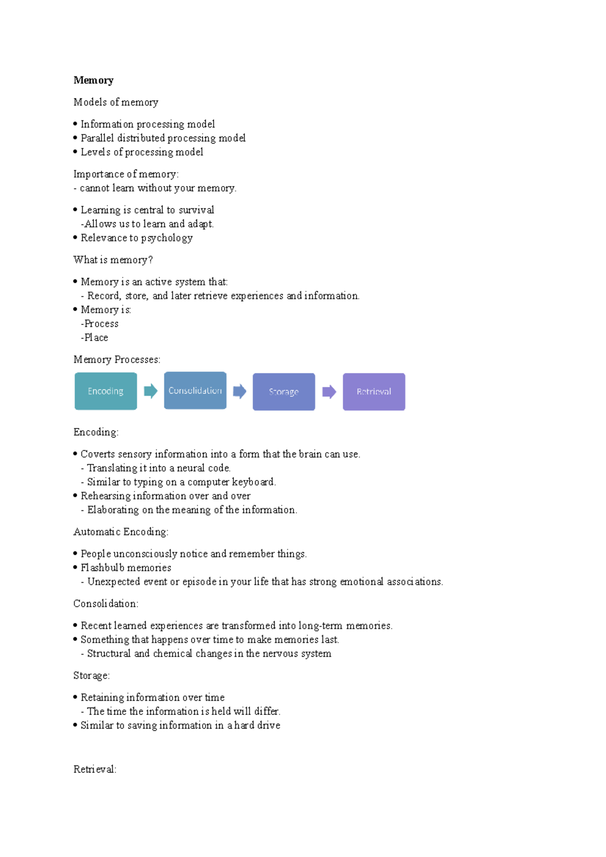 Memory (Psychology notes) - Memory Models of memory Information ...