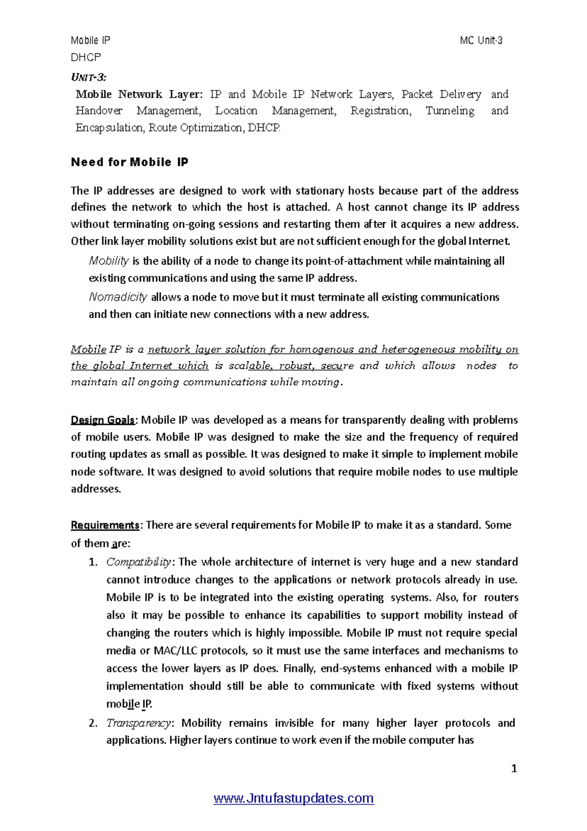 Mc R20 Unit 3 Part1 Dhcp Unit 3 Mobile Network Layer Ip And Mobile Ip Network Layers