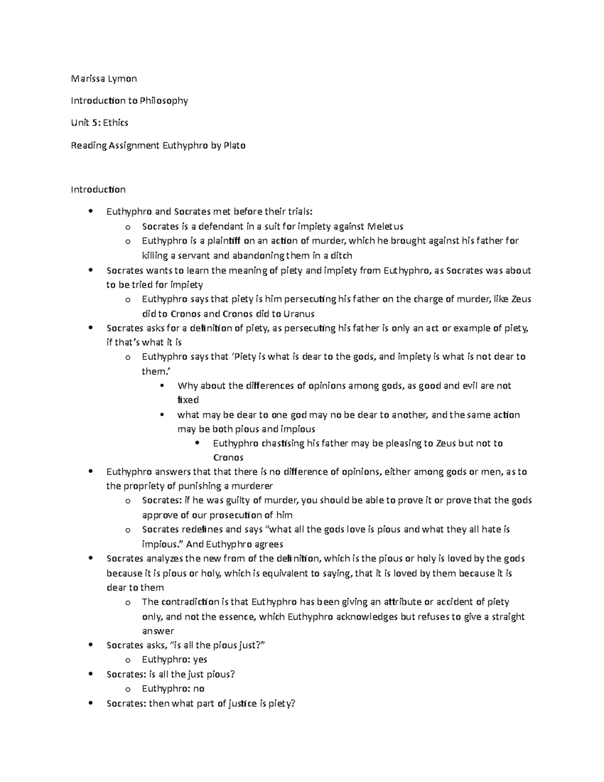 Euthyphro by Plato - Marissa Lymon Introduction to Philosophy Unit 5 ...
