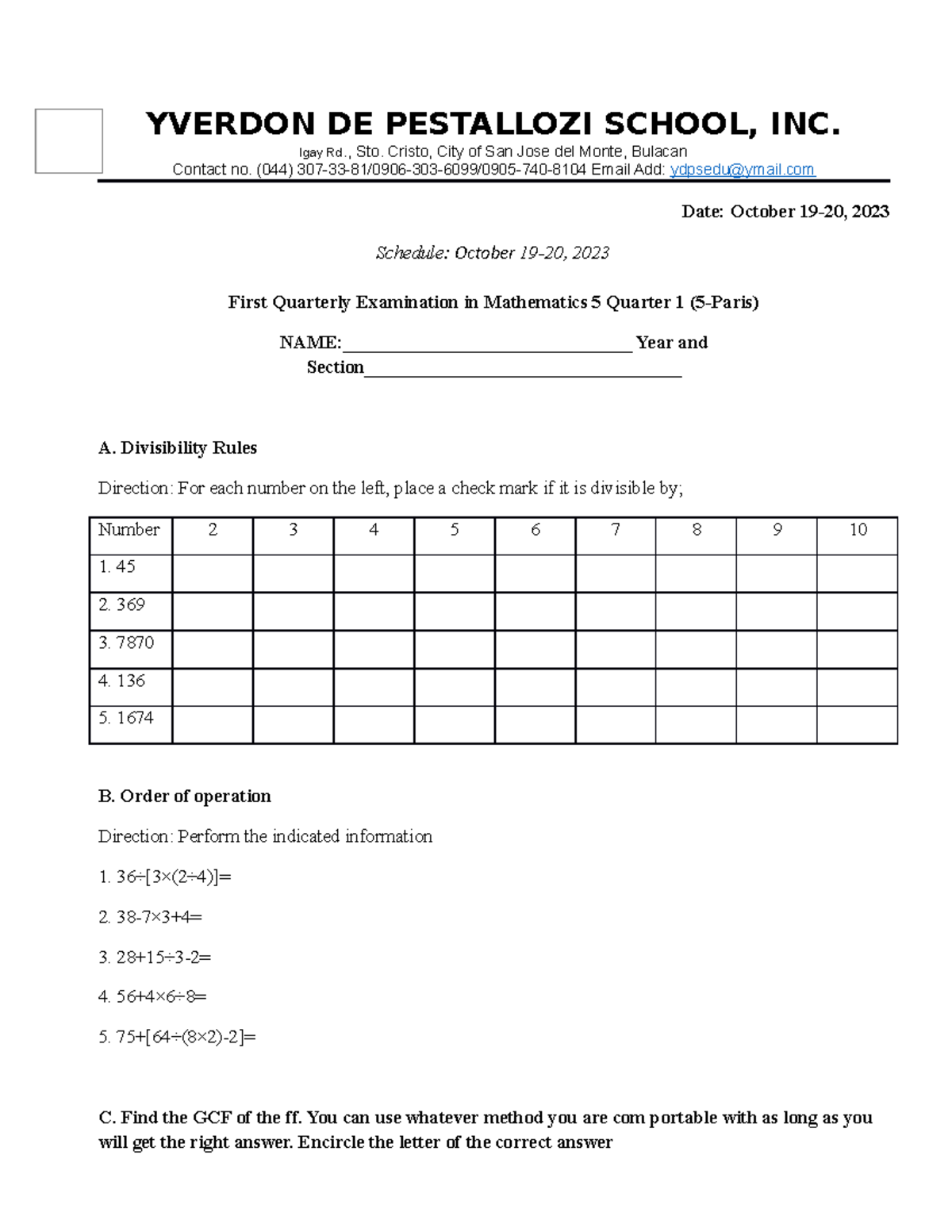Mathematics grade 5 1st quarterly exam - YVERDON DE PESTALLOZI SCHOOL ...