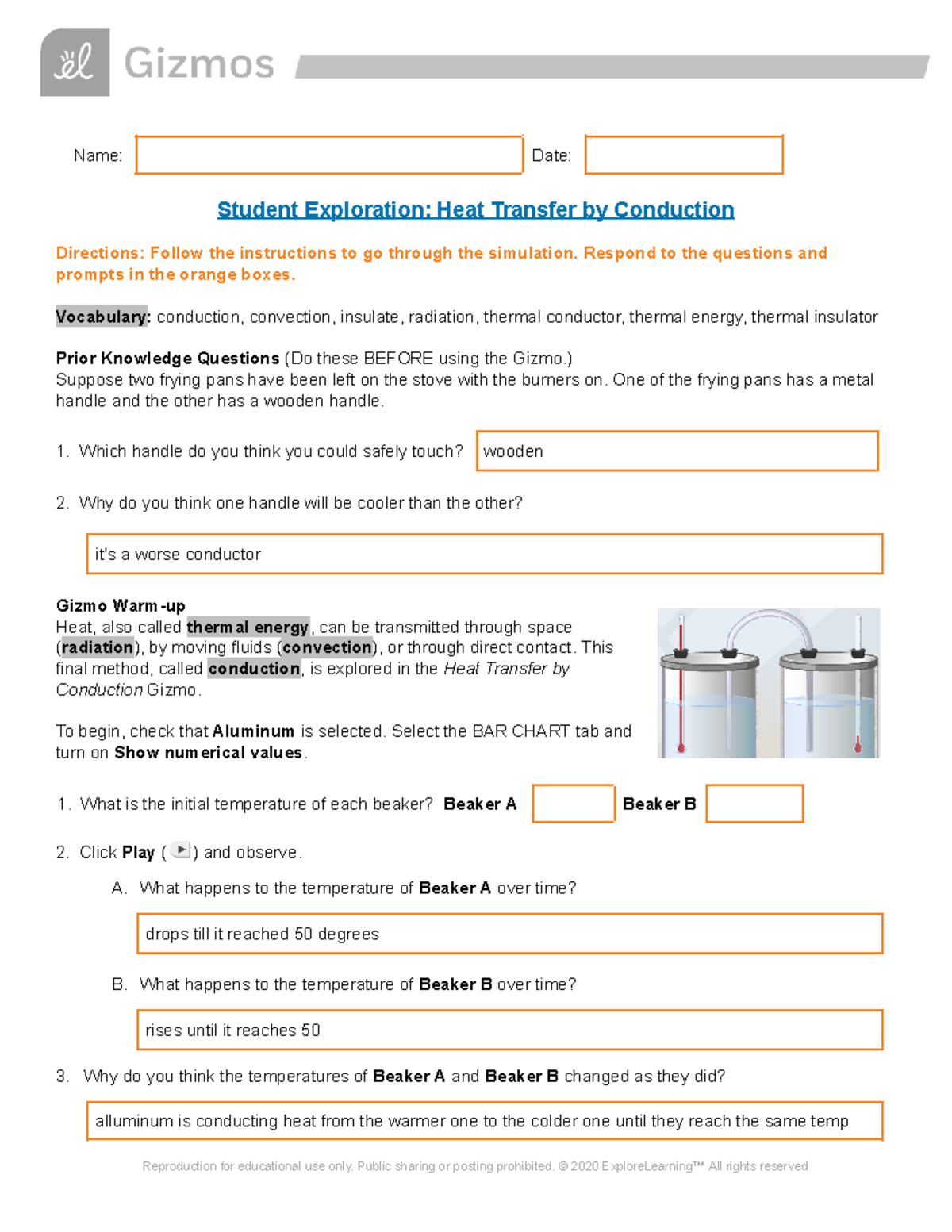 Copy of Heat Transfer Conduction SE - Name: Date: Student Exploration ...