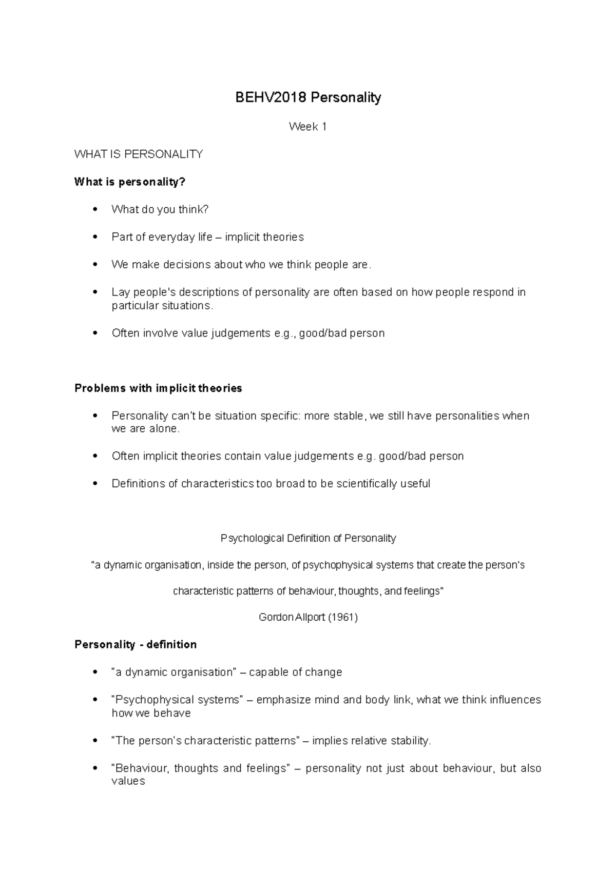 BEHV2018 Personality - personailty notes - BEHV2018 Personality Week 1 ...