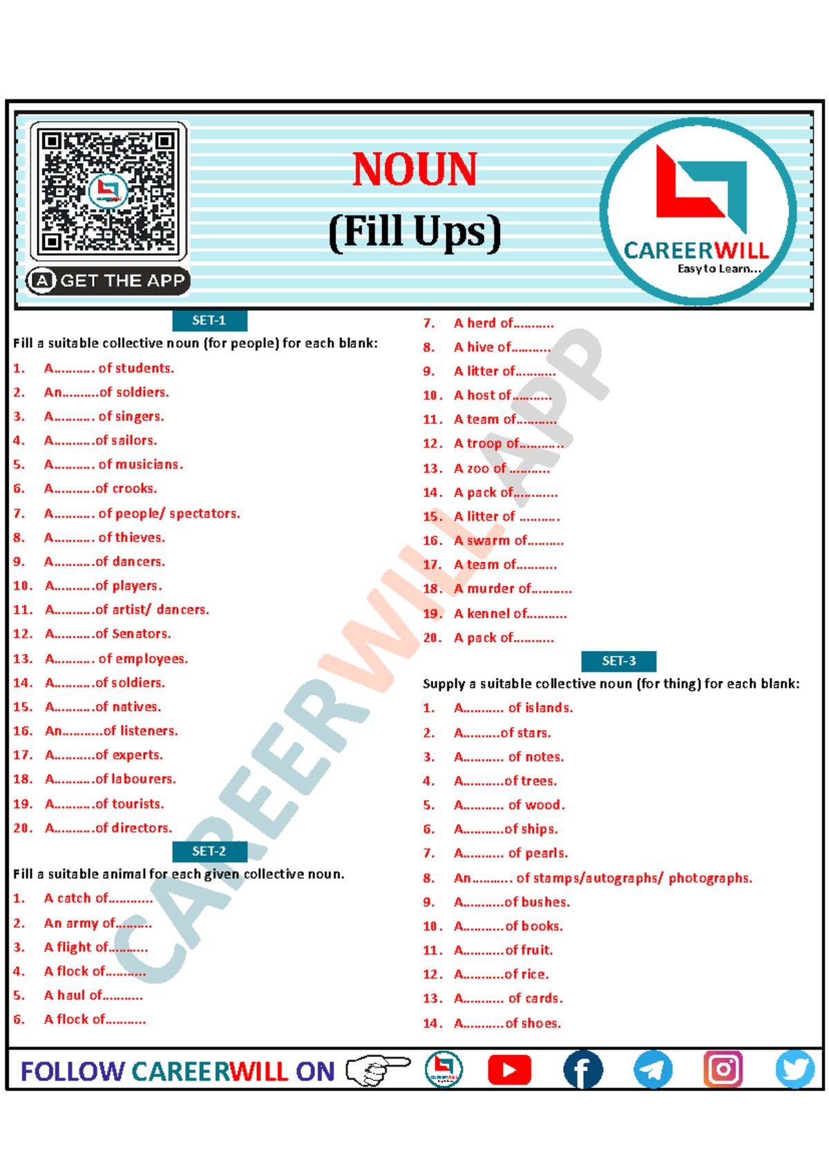 Noun (fill ups) 1 to 9 set - FOLLOW CAREERWILL ON CAREER Easy to Learn ...