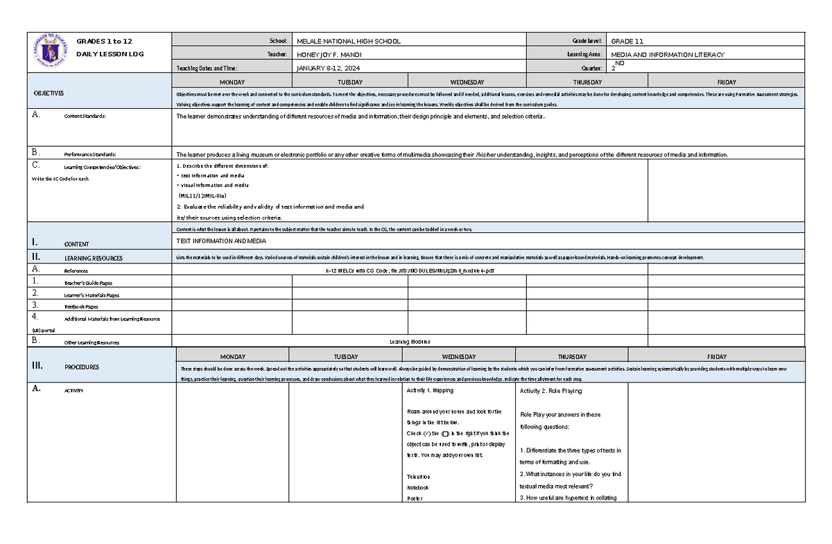 Week 4 - MIL - GRADES 1 to 12 DAILY LESSON LOG School: MELALE NATIONAL ...