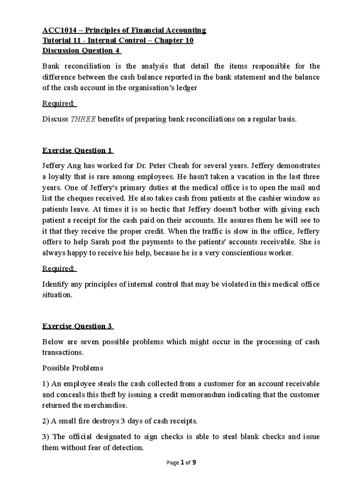 Tutorial 11 Cash & Internal Control - ACC1014 – Principles of Financial ...