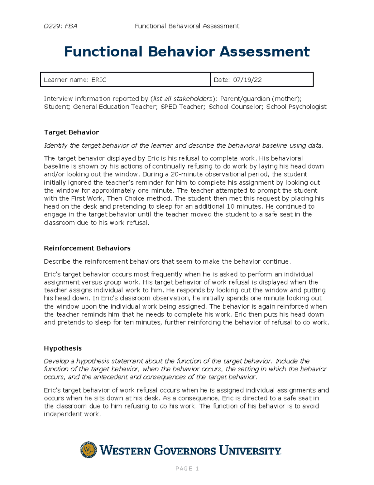 Functional Behavior Assessment (FBA) - D229: FBA Functional Behavioral ...