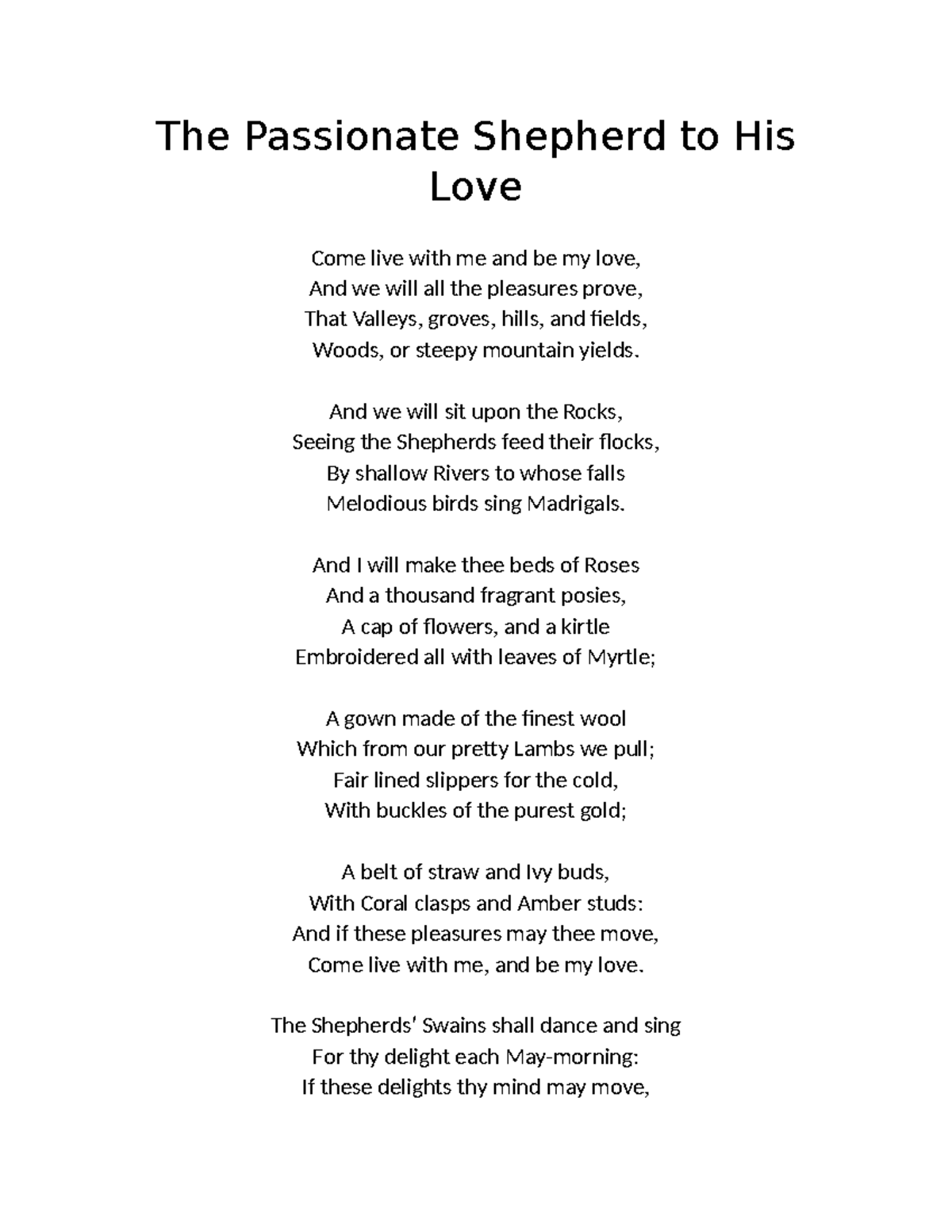 Lyrics - The Passionate Shepherd to His Love Come live with me and be ...