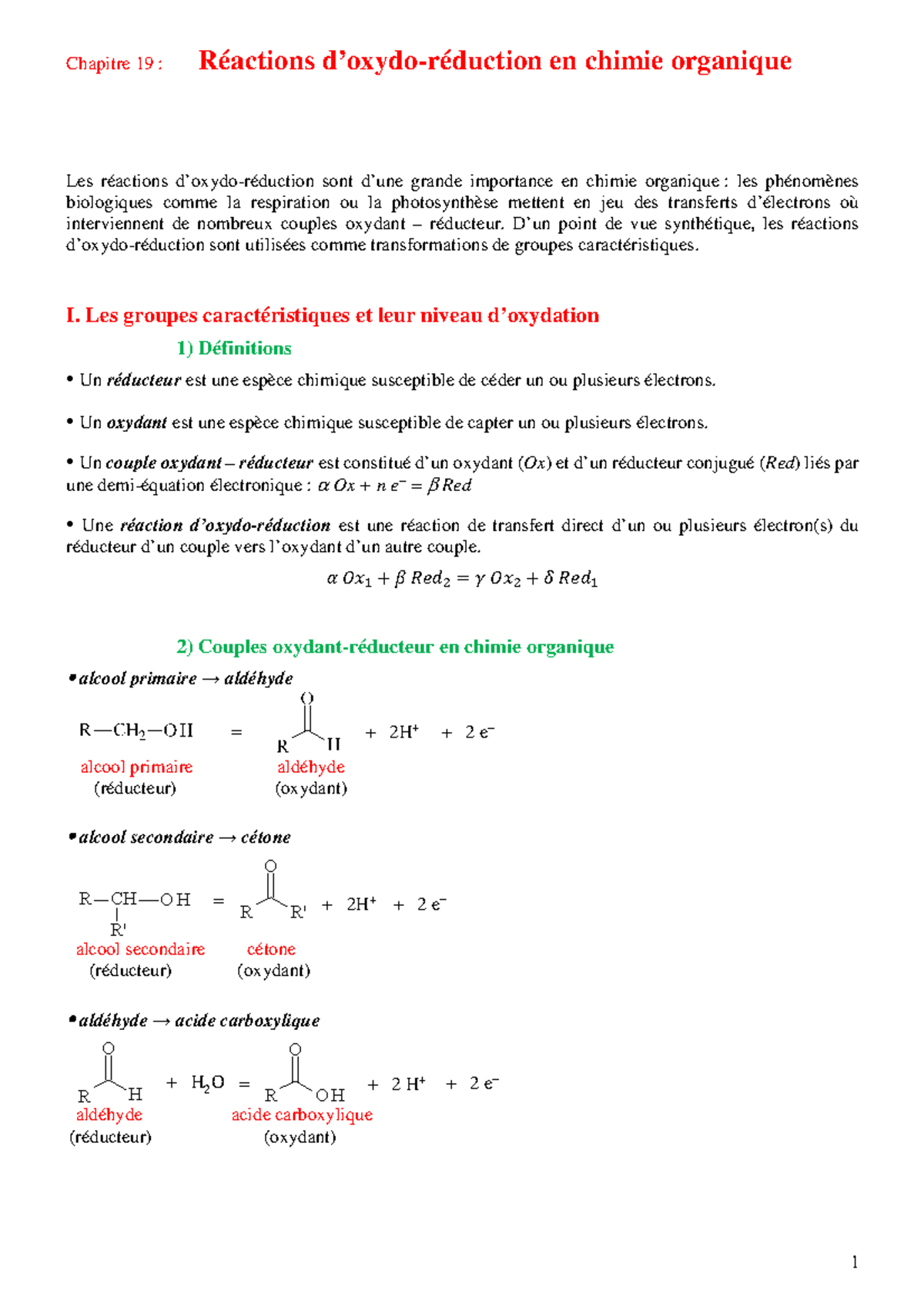 CM Réactions d’oxydo-réduction en chimie organique - Chapitre 19 ...