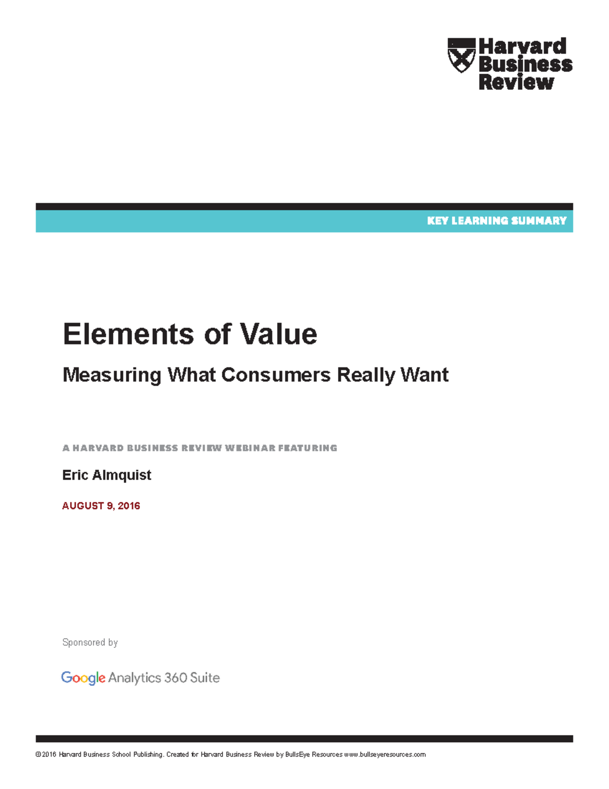 White paper hbr elements of value - © 2016 Harvard Business School ...