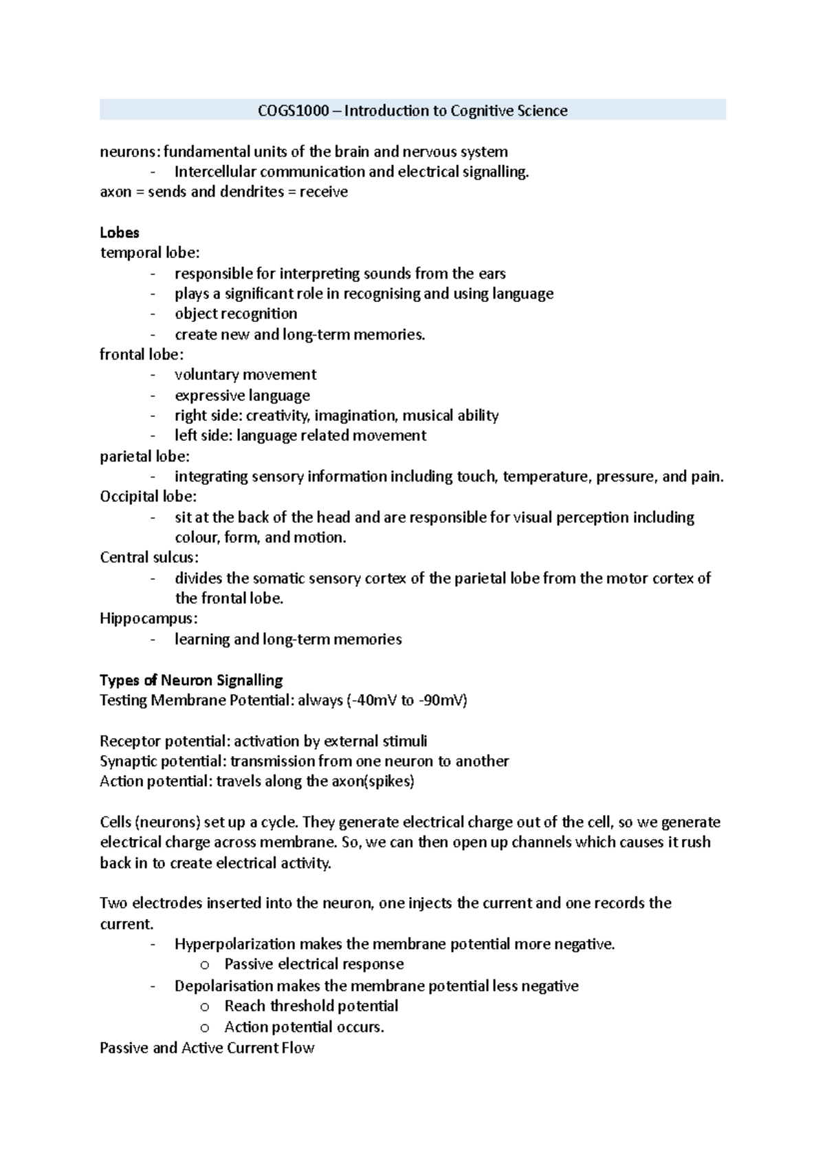 Cogs notes from weekk 1 - 4 - COGS1000 – Introduction to Cognitive ...