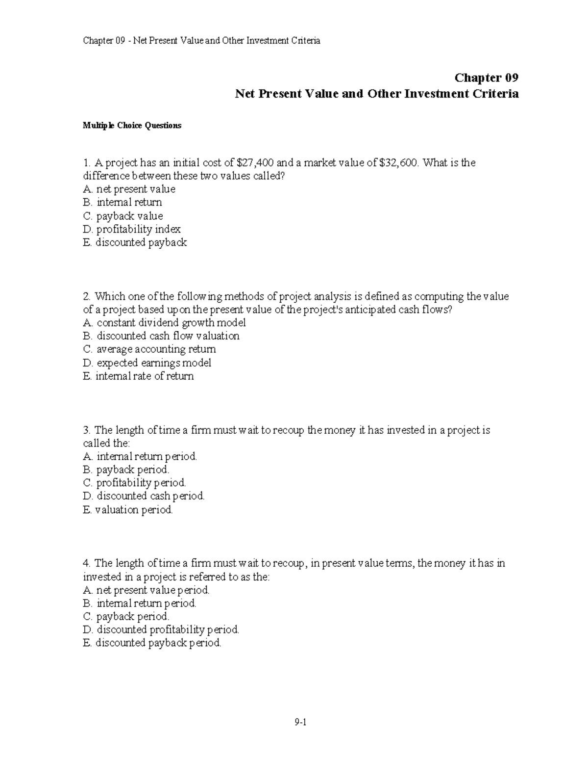 NPV - Testbank - Practice material for NPV - Chapter 09 Net Present ...