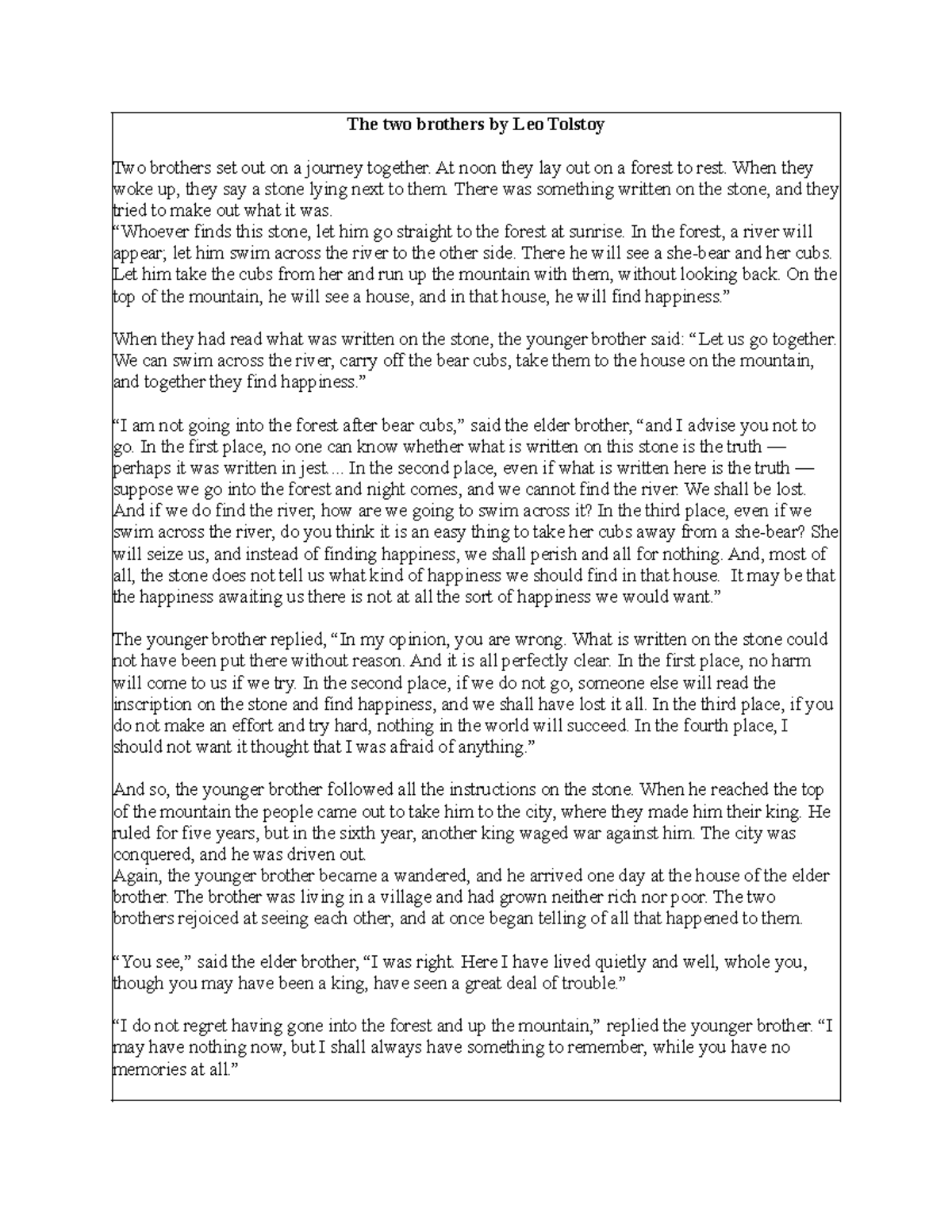 The two brothers by Leo Tolstoy - At noon they lay out on a forest to ...