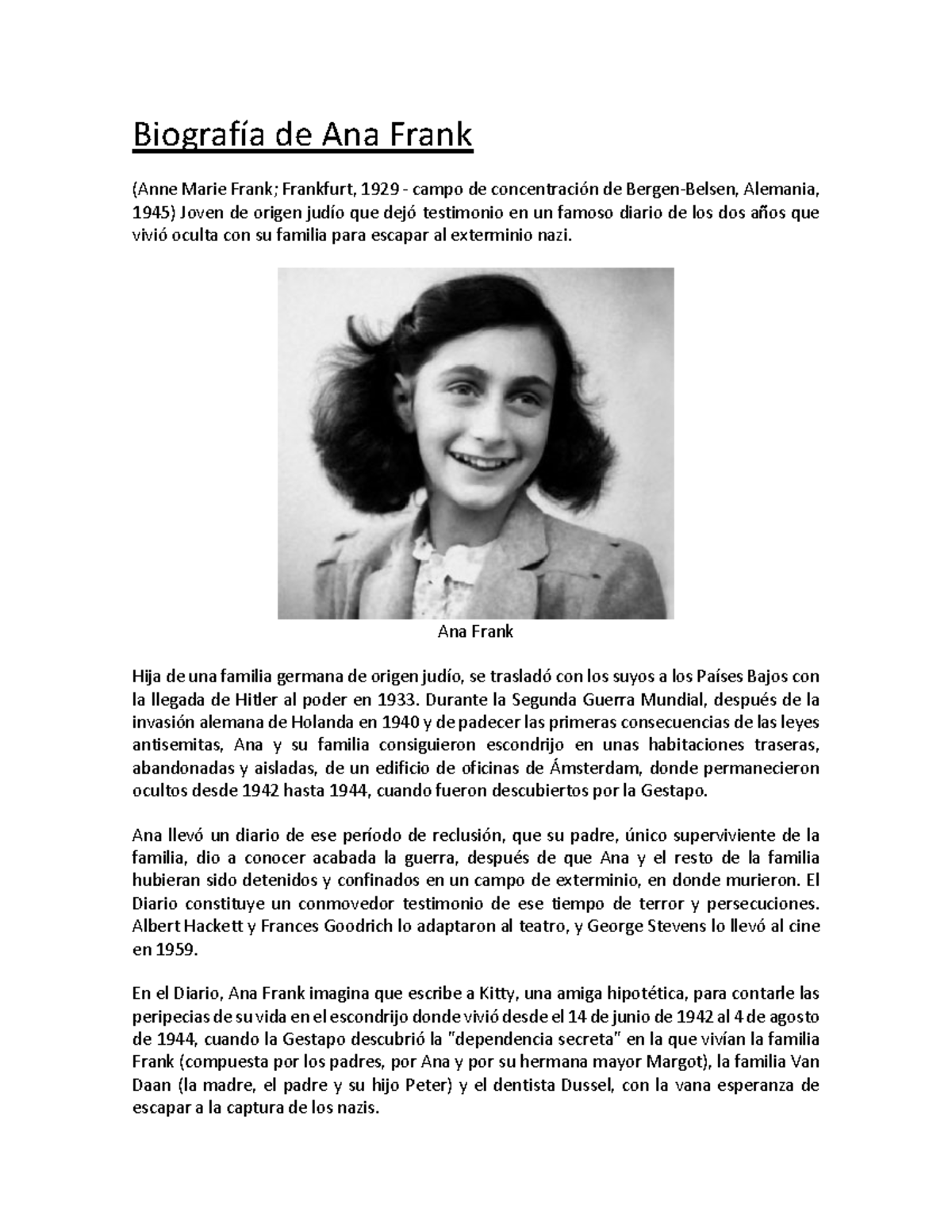 365778341 Biografia de Ana Frank - Biografía de Ana Frank (Anne Marie Frank; Frankfurt, 1929 ...