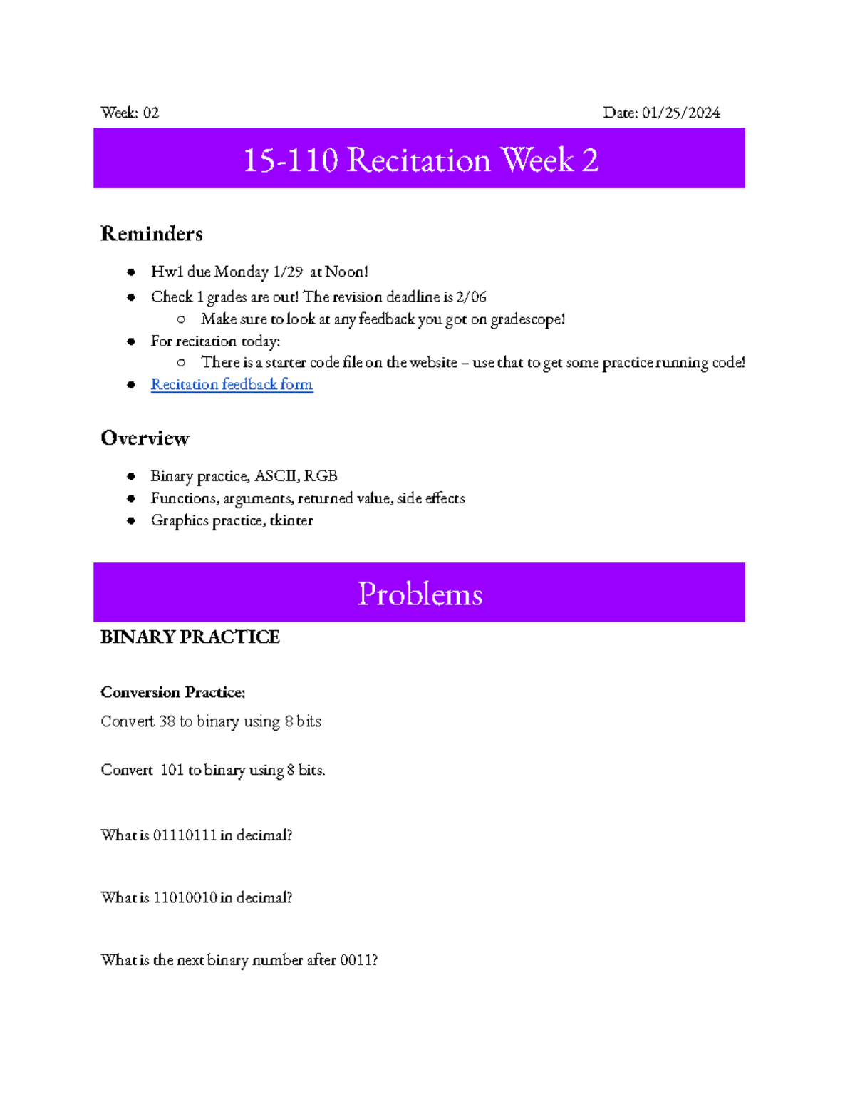 Week2-recitation - practice - Week: 02 Date: 01/25/ 15-110 Recitation ...
